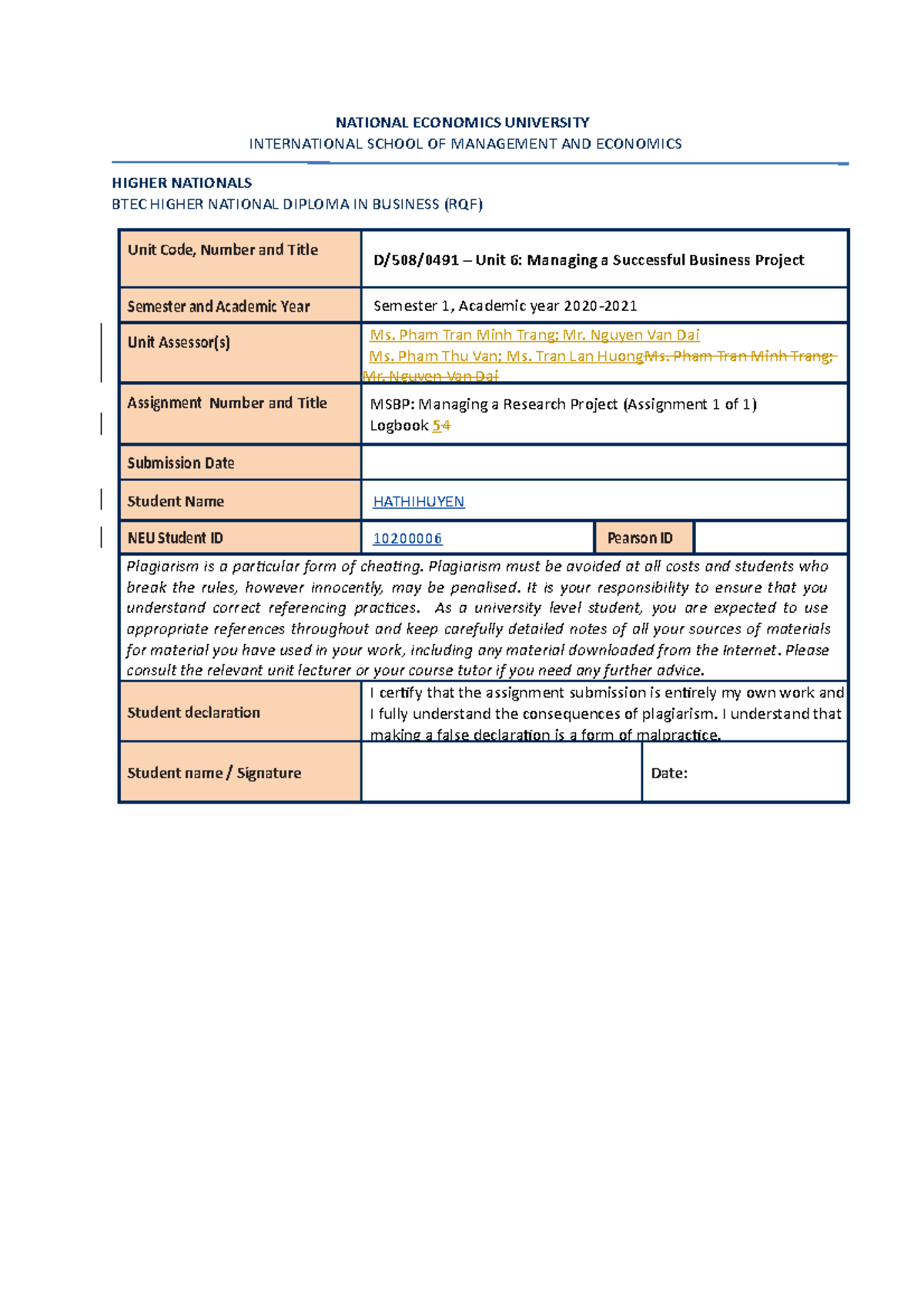 Logbook 5-management project - NATIONAL ECONOMICS UNIVERSITY ...