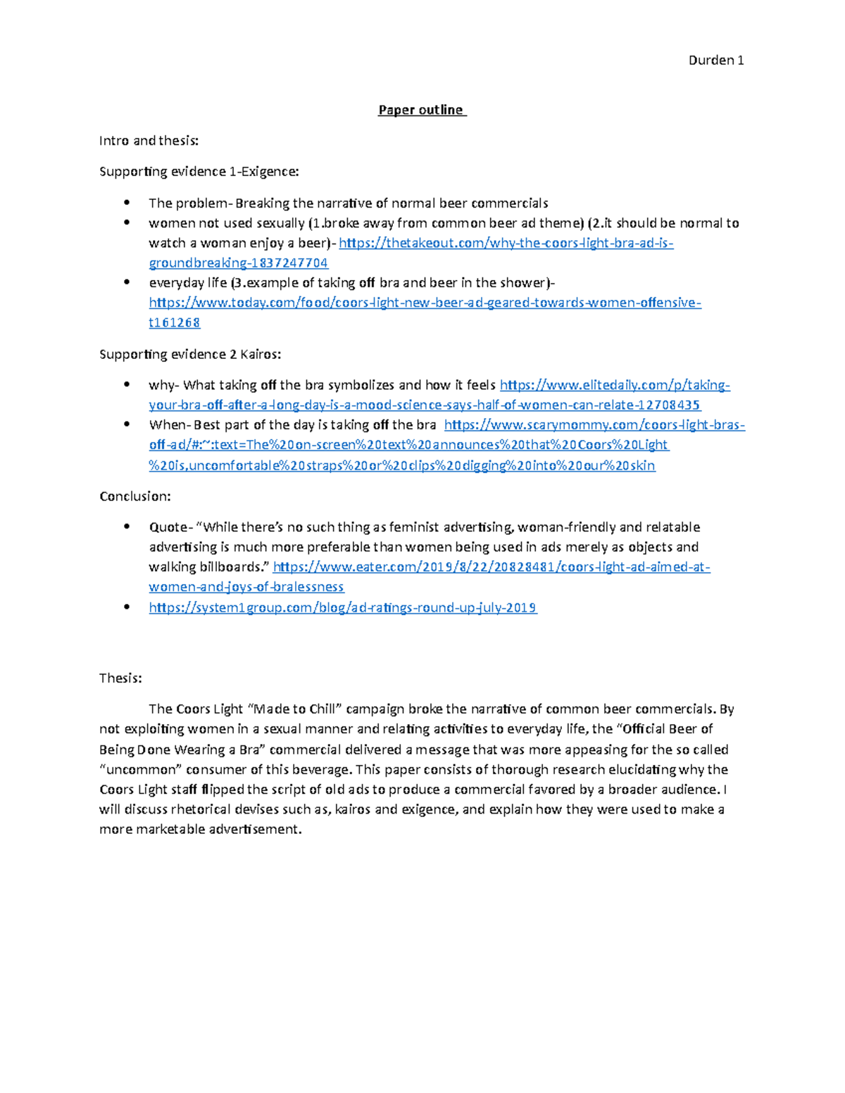 Rhetorical Analysis paper rough draft - Durden 1 Paper outline Intro ...