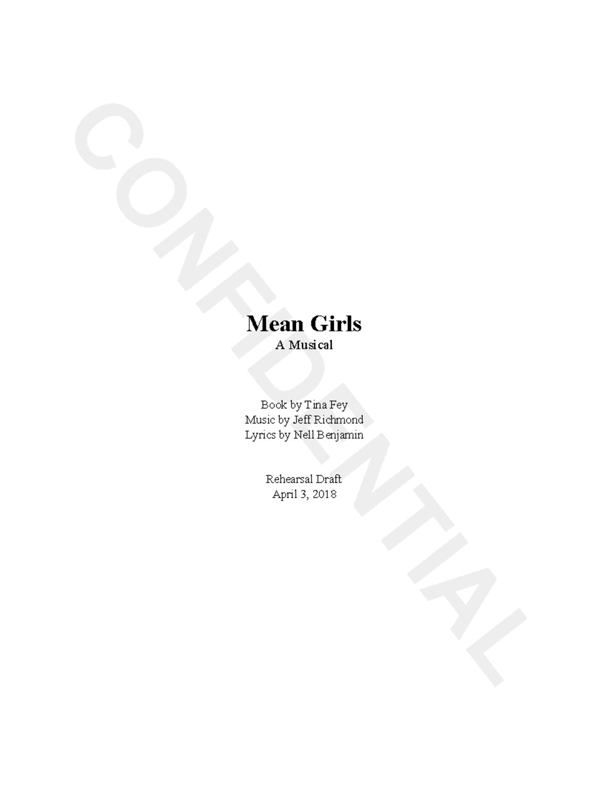 Mean Girls- Original script - CONFIDENTIAL Mean Girls A Musical Book by ...