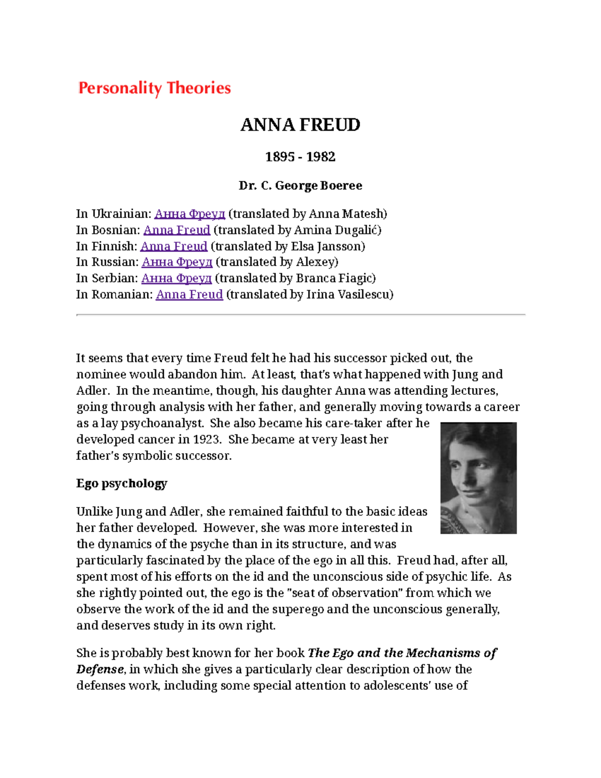 3 Anna Freud - Part of Boeree textbook - ANNA FREUD 1895 - 1982 Dr. C ...