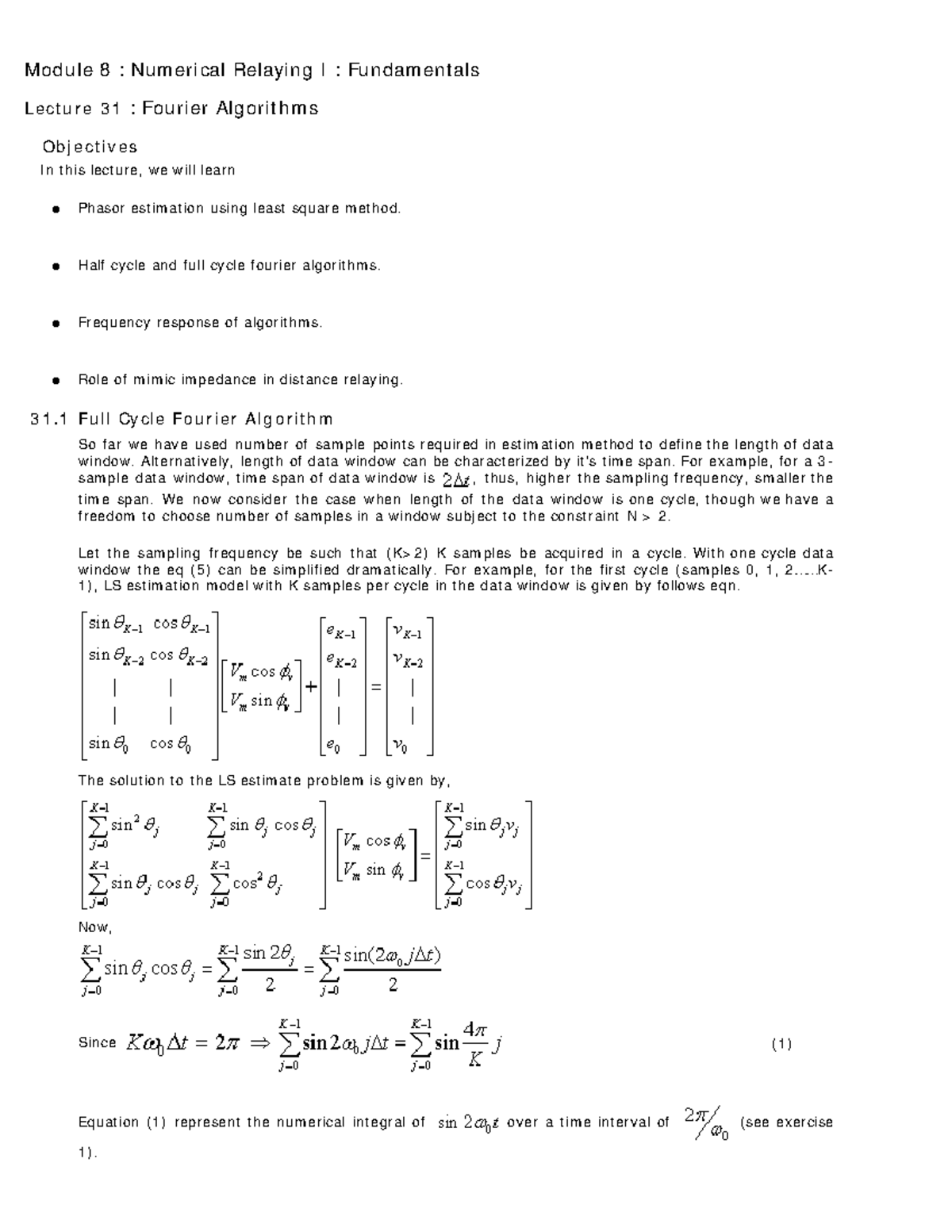 Lecture-31 - Numerical Relaying I: Fundamentals: Fourier Algorithms - Module 8 : Numerical ...