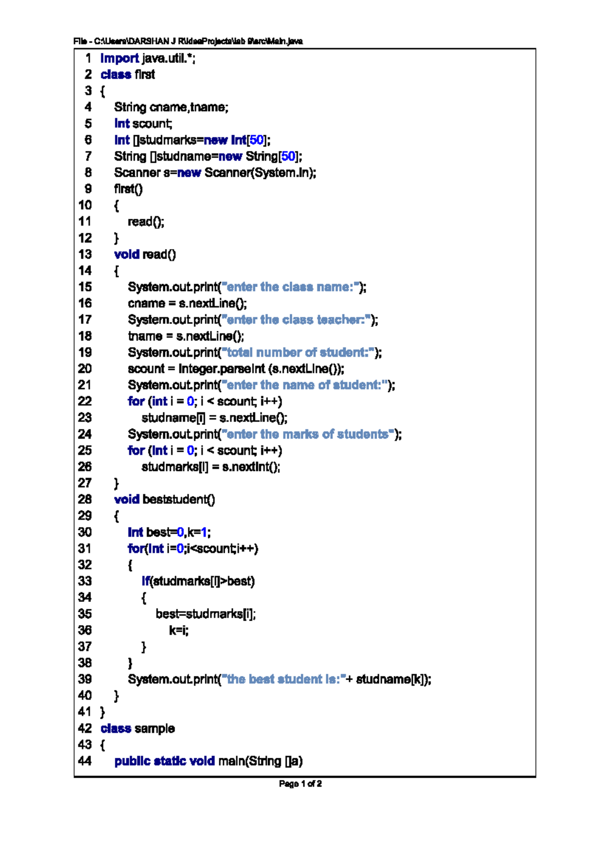 Lab 9 - LAB PROGRAMS - File J 1 import 2 class first 3 4 String 5 int 6 ...