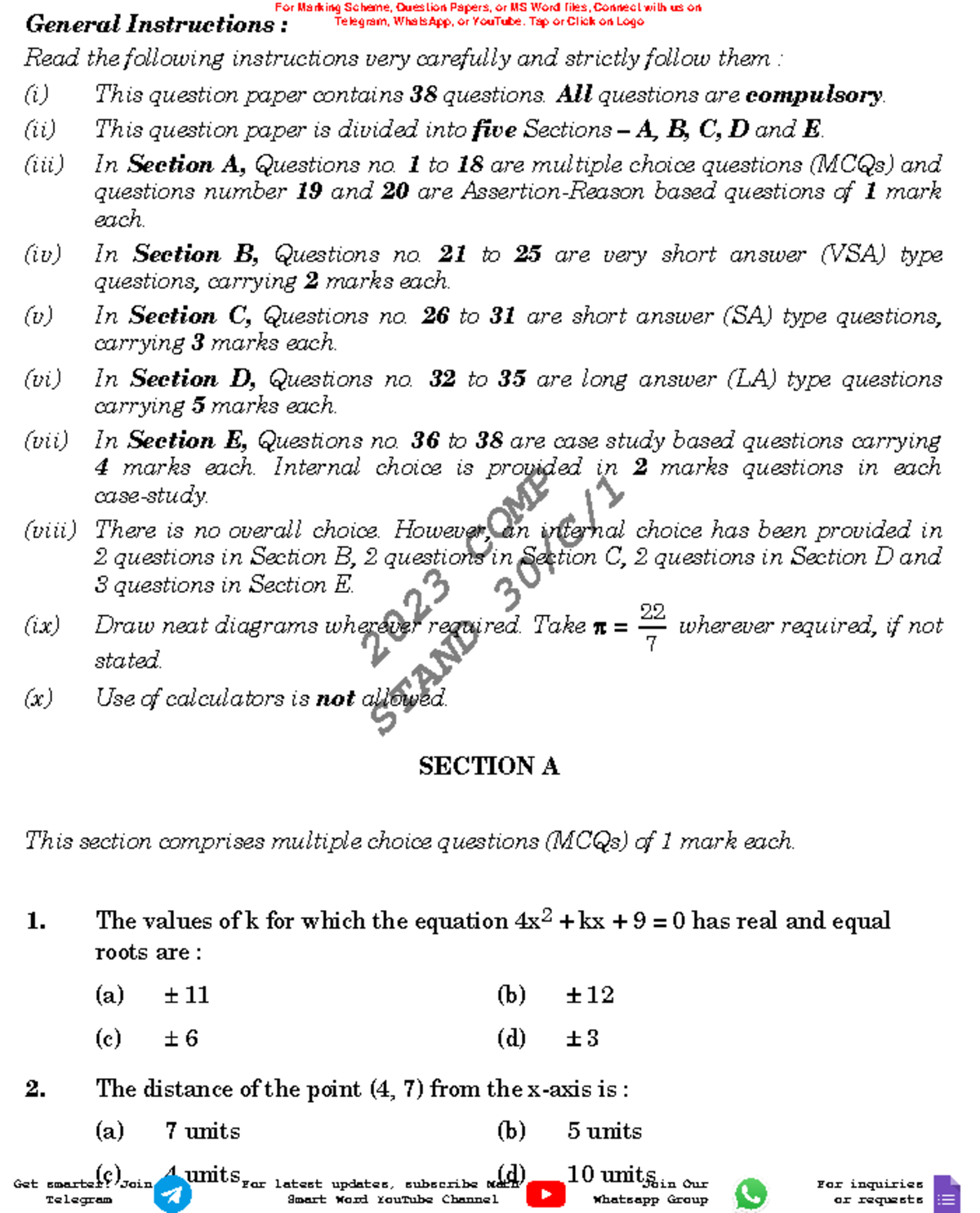 10 Maths Stand 2023 ALL Region QP - General Instructions : Read the ...