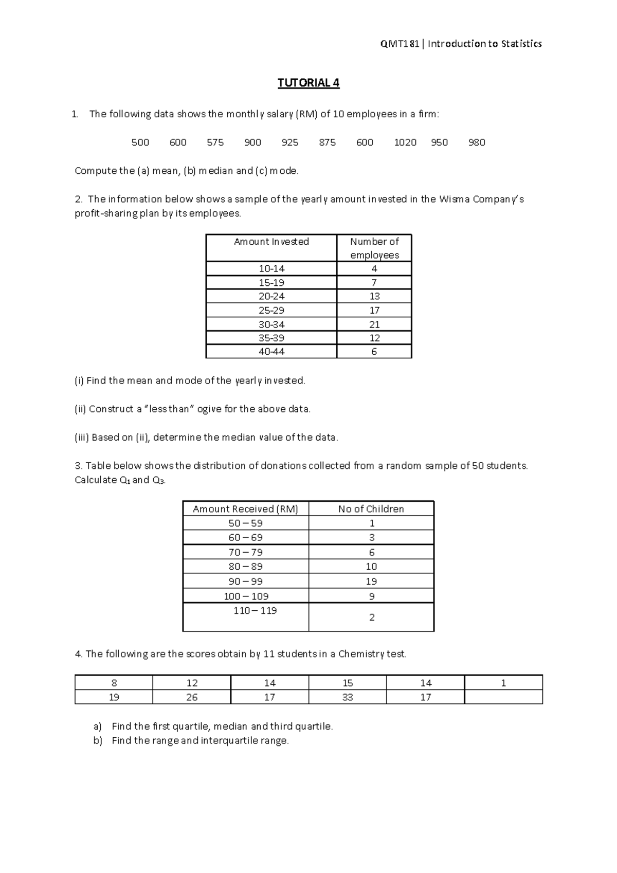 Tutorial 4 - QMT181| Introduction to Statistics TUTORIAL 4 The ...