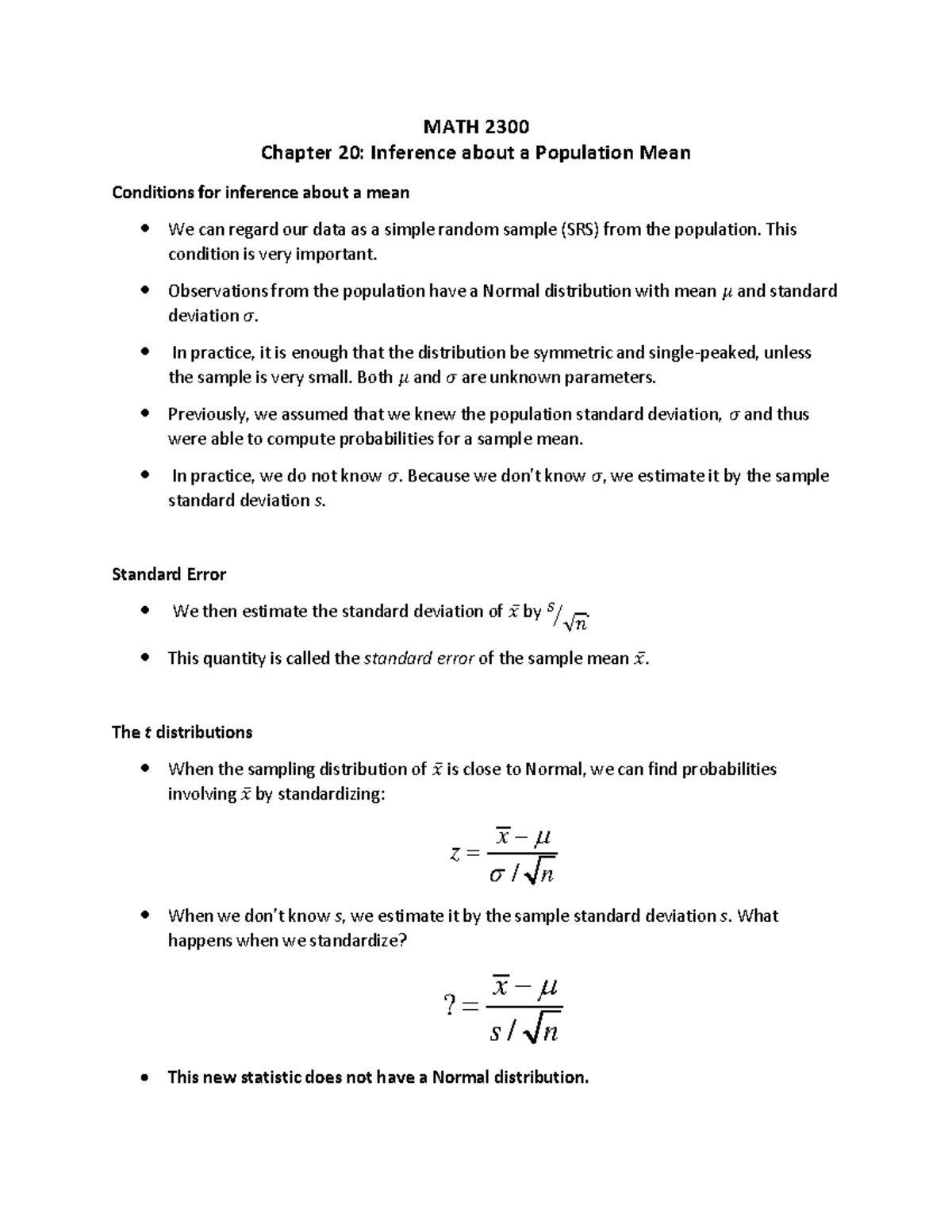 Chapter 20 (Blank Note) - ####### MATH 2300 ####### Chapter 20: Inference about a Population ...