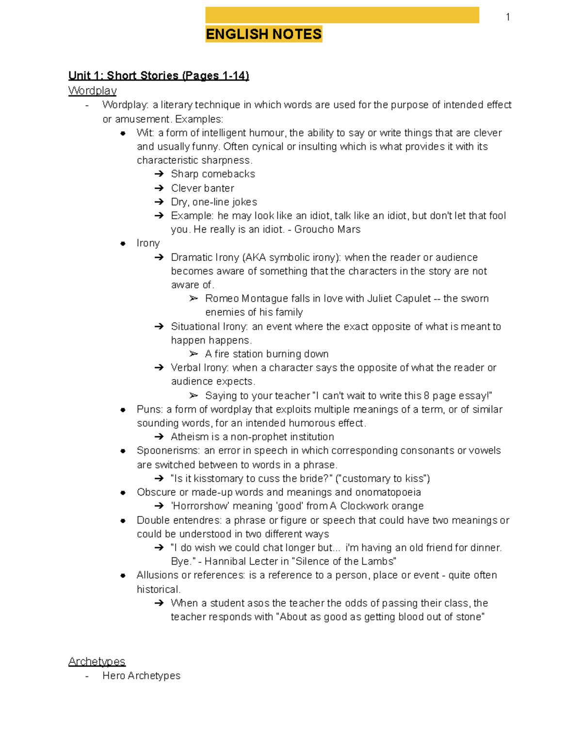Short Stories - n/a - ENGLISH NOTES Unit 1: Short Stories (Pages 1-14 ...