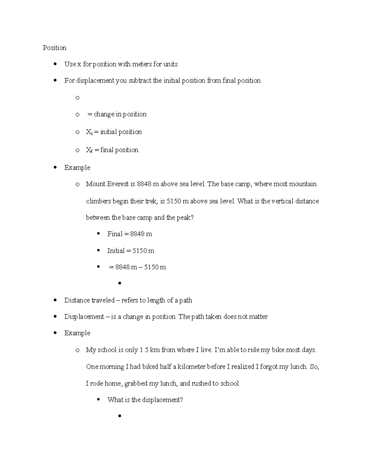 Ch 1 - motion - Position Use x for position with meters for units For ...