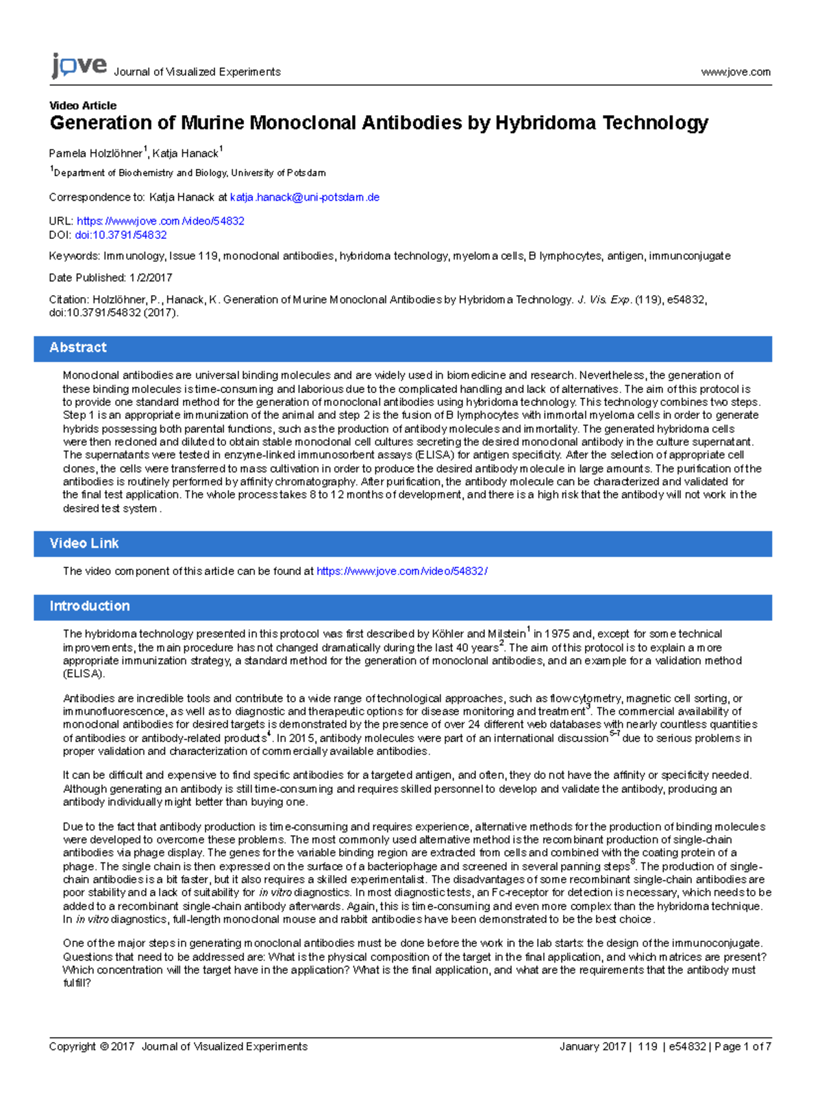 Jove protocol 54832 generation of murine monoclonal antibodies by ...