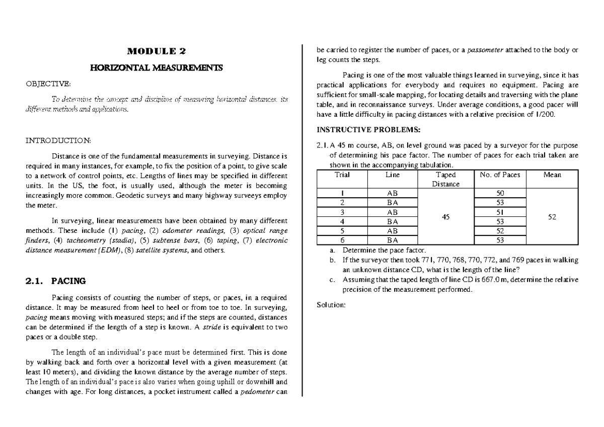 Module 2 - FOS - MODULE 2 HORIZONTAL MEASUREMENTS OBJECTIVE: INTRODUCTION: Distance is one of ...