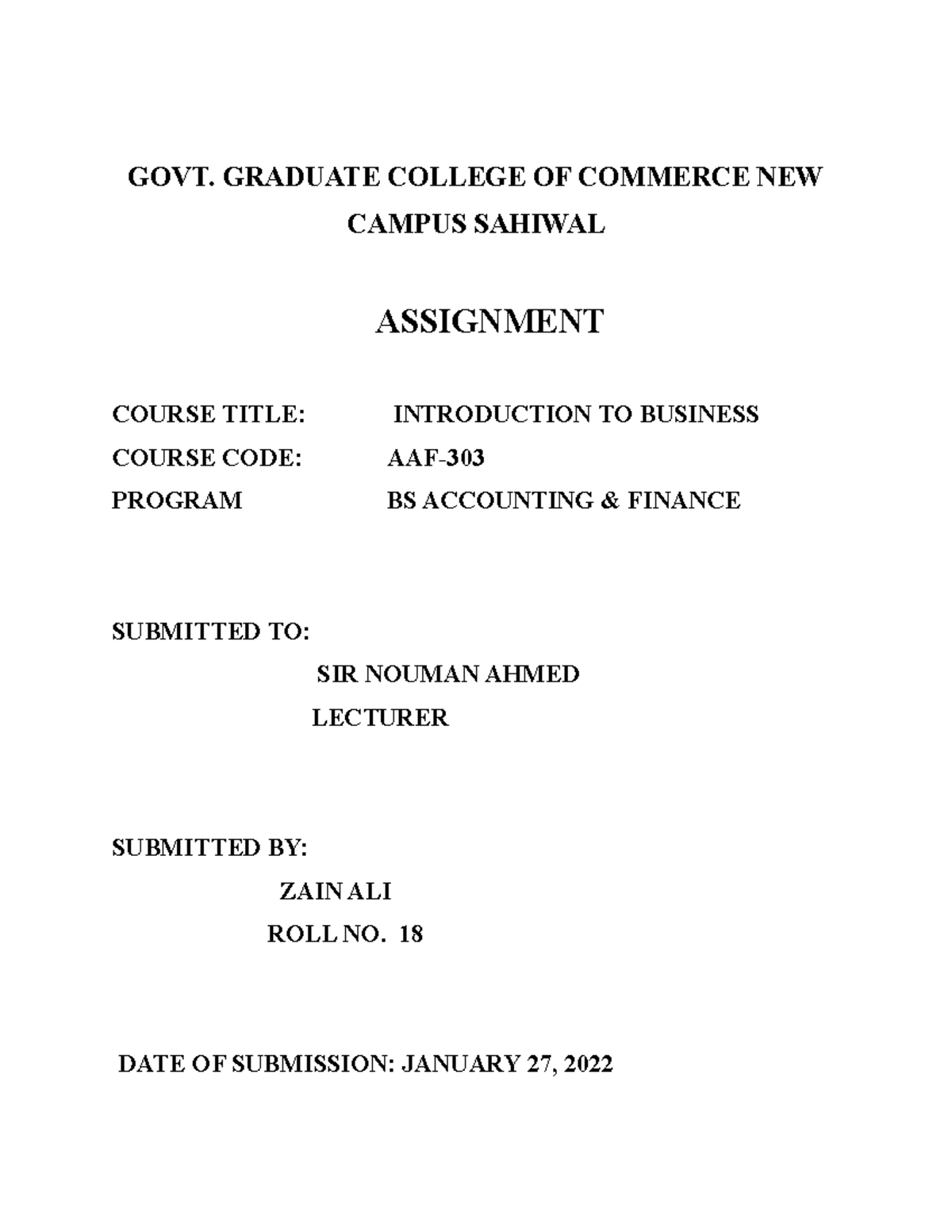 Assignment Memorandum Of Association - GOVT. GRADUATE COLLEGE OF ...