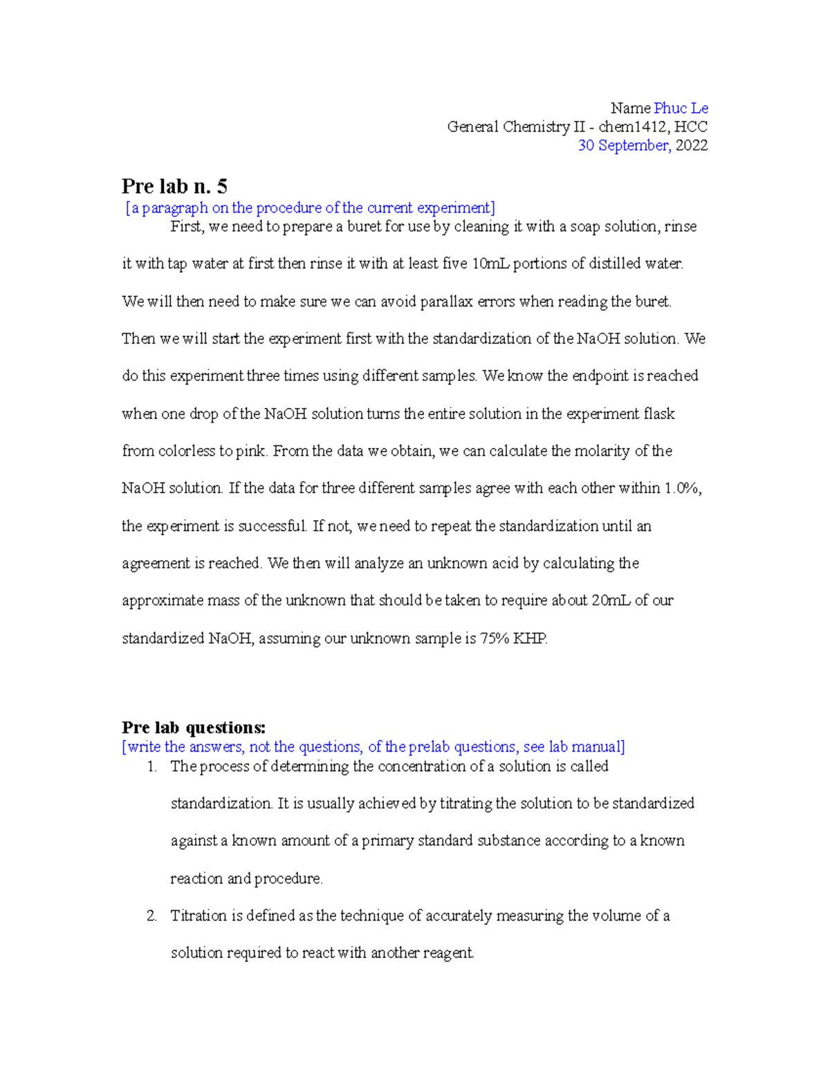 Pre Lab 5 Report CHEM 1412 - Name Phuc Le General Chemistry II - chem1412, HCC 30 September ...