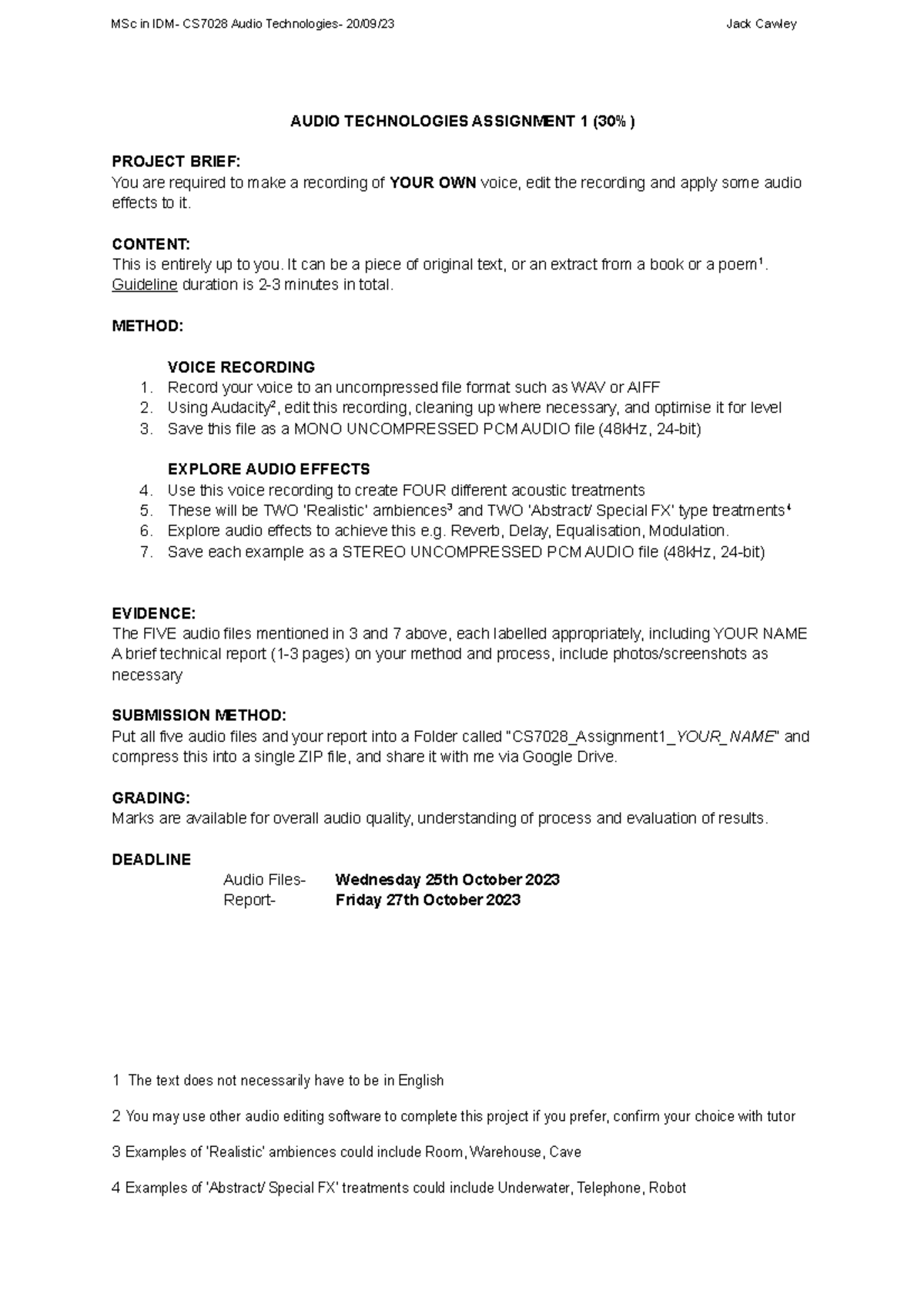 CS7028-Audio Technologies-Assignment Brief 1 - MSc in IDM- CS7028 Audio Technologies- 20/09/23 ...
