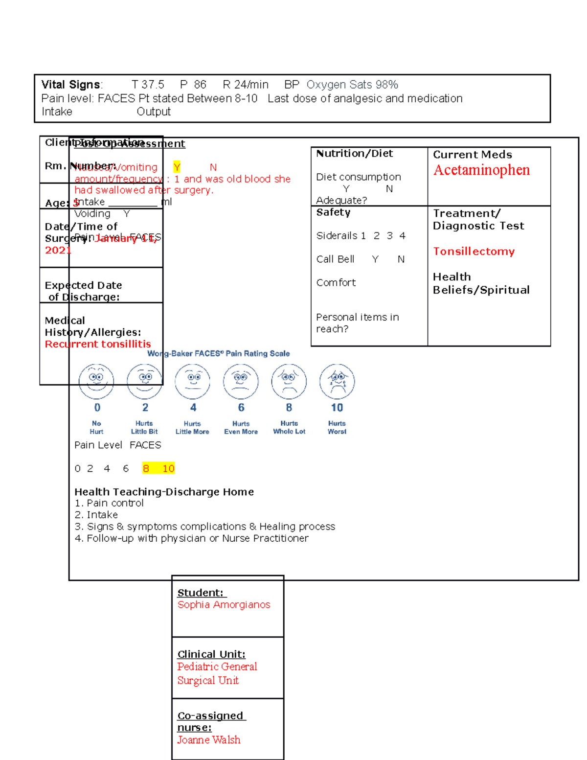 NURS 2700 Pediatric Clinical Worksheet - Post-Op Assessment Nausea ...
