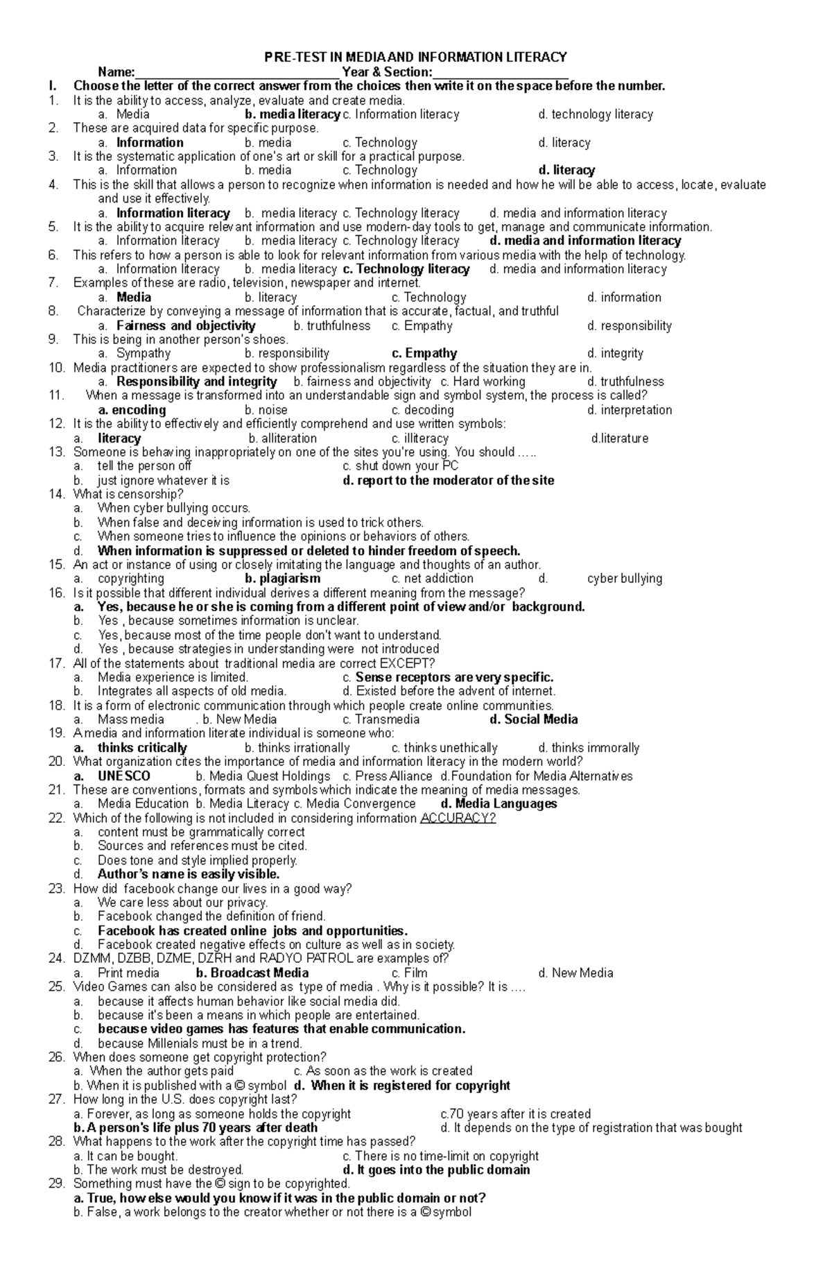 439165804 PRE TEST KEY Answer docx - PRE-TEST IN MEDIA AND INFORMATION ...