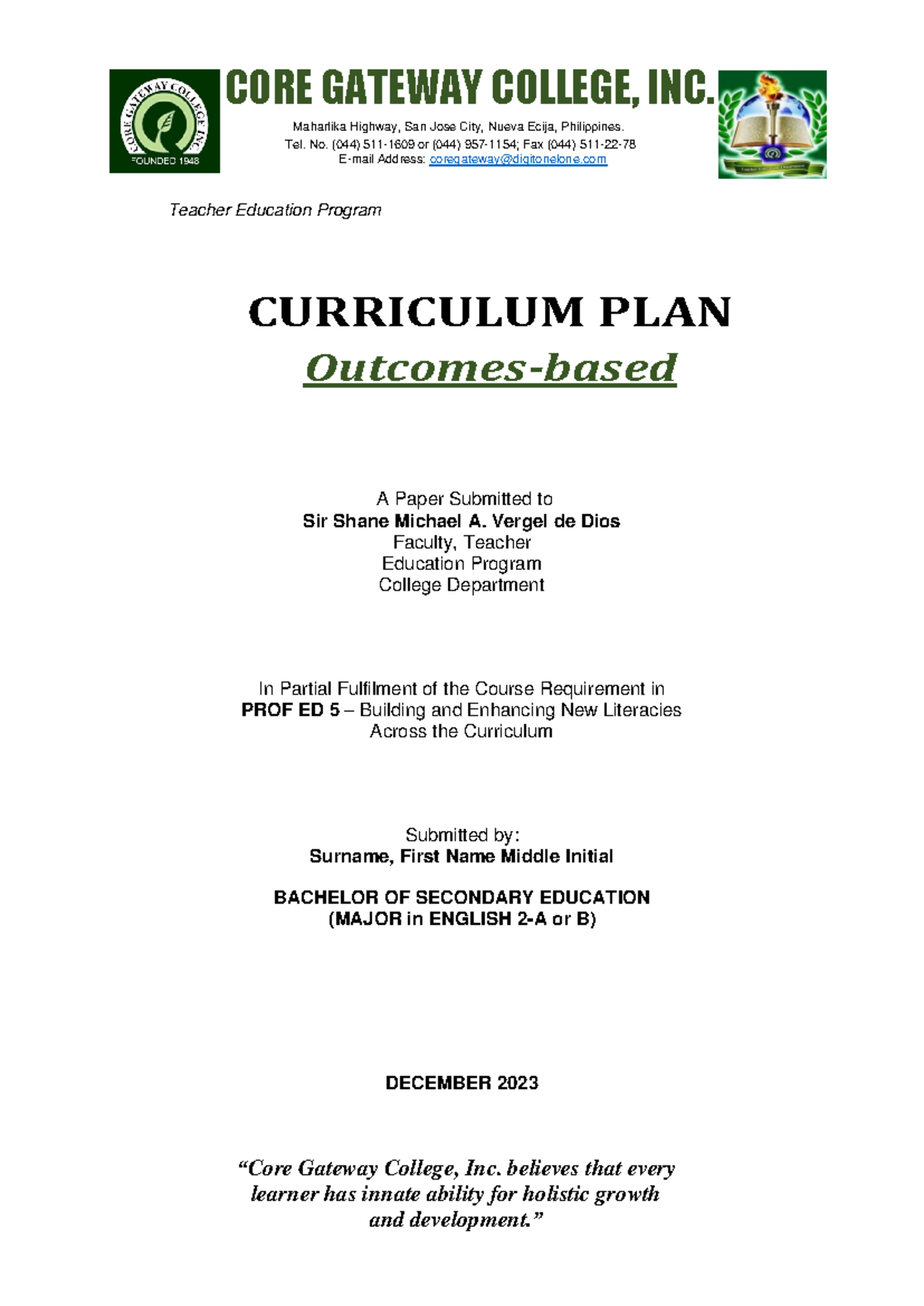 Curriculum-Plan-Sample - “Core Gateway College, Inc. believes that ...