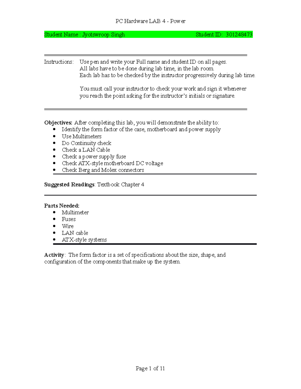 LAB 4 - Power - Pc hardware assignment - Student Name : Jyotswroop ...