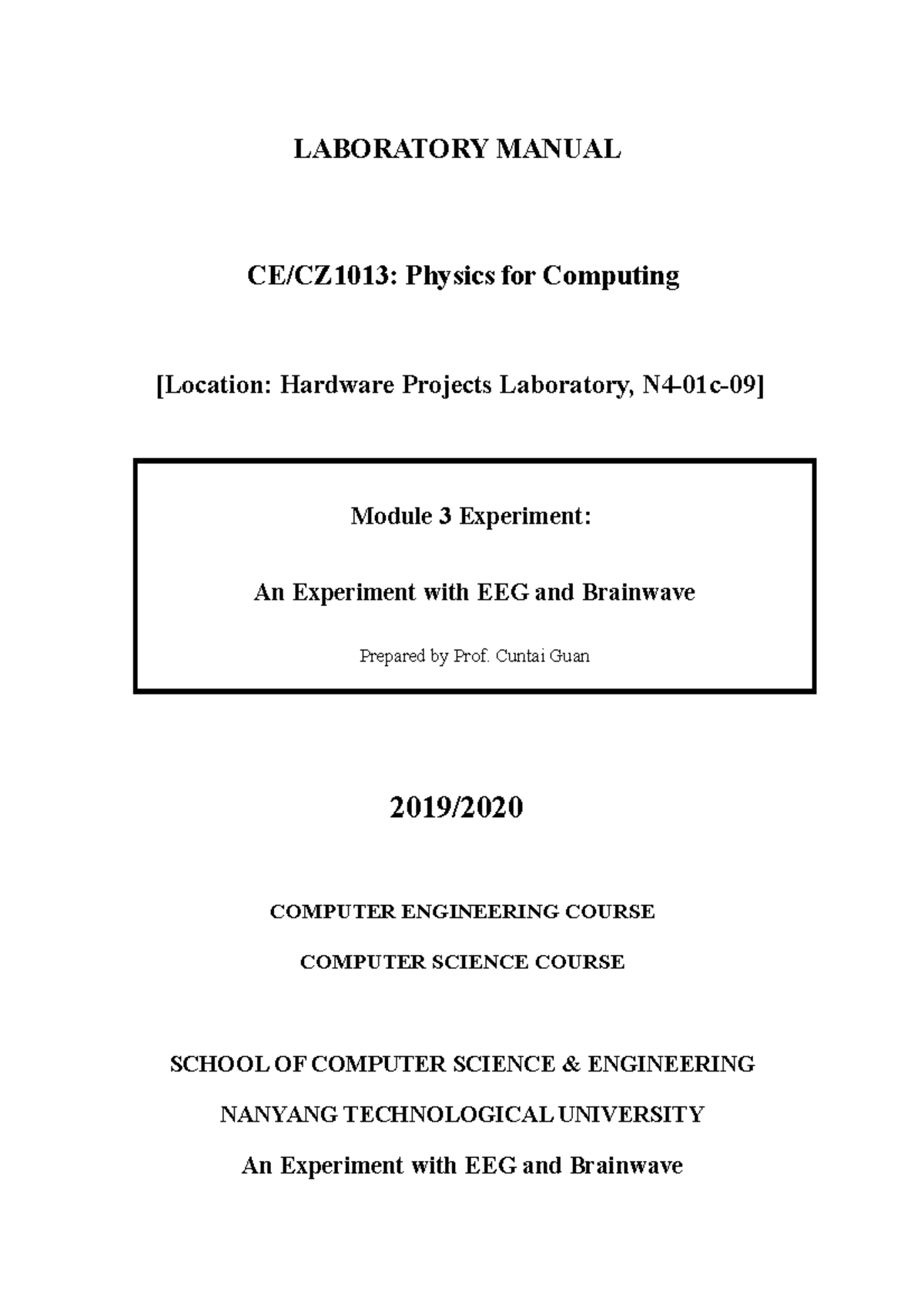 CX1113 Lab2 EEG Manual 2020 v5 - LABORATORY MANUAL CE/CZ1013: Physics for Computing [Location ...