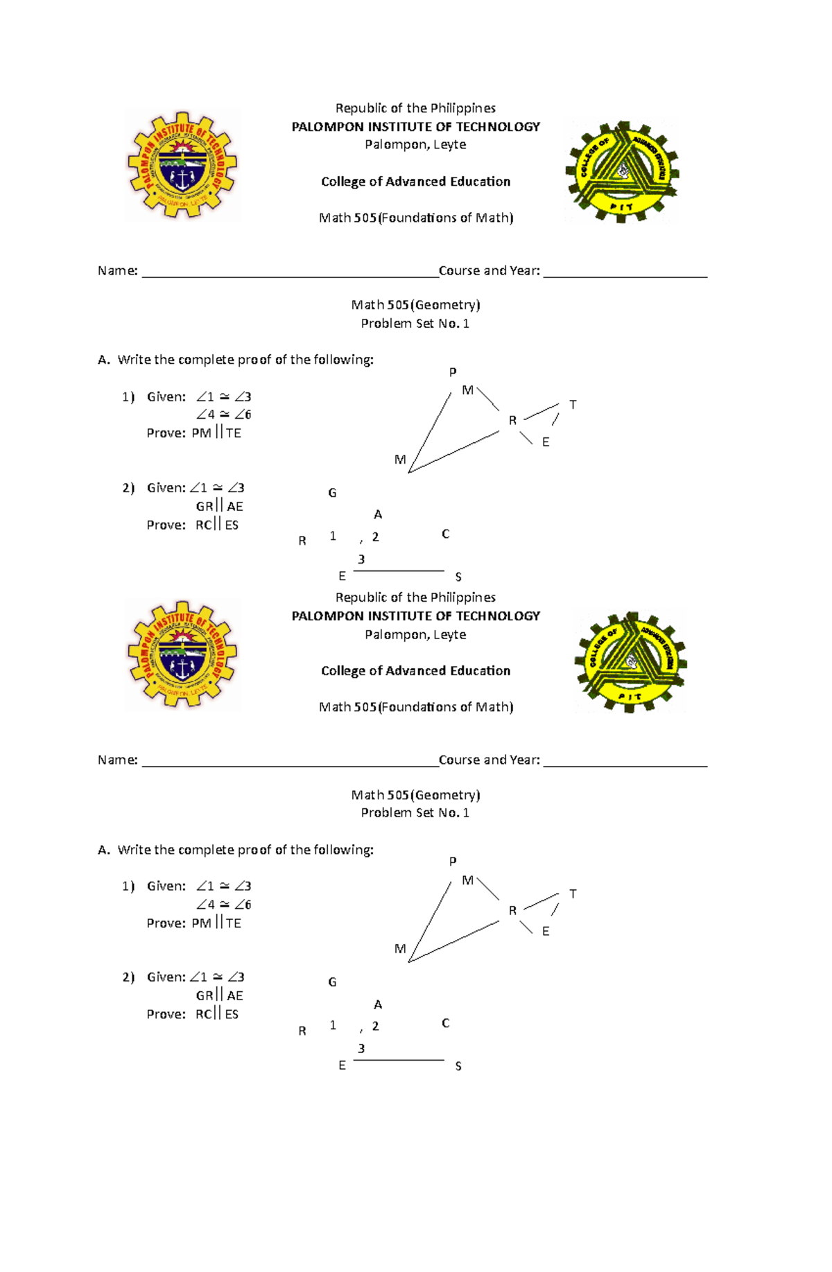 Math 505, Prob set # 1 - Modern Geometry - Republic of the Philippines ...