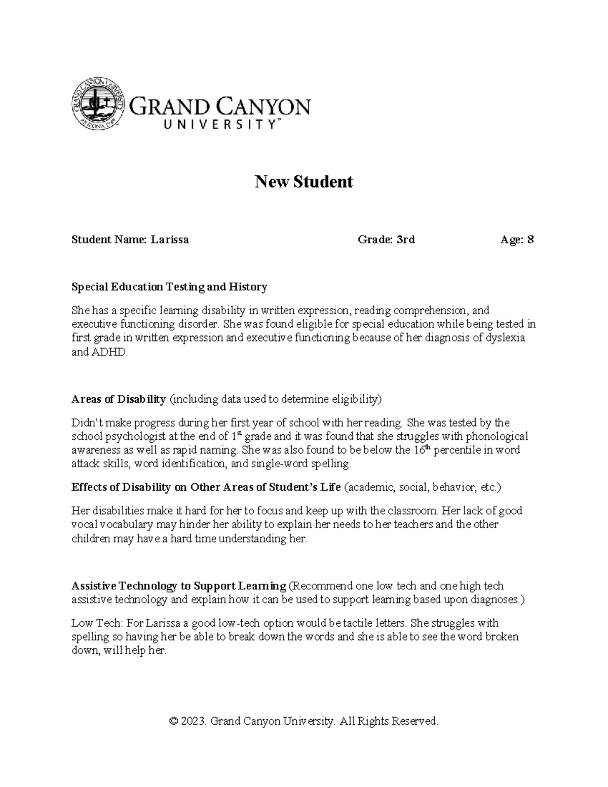 SPD-New Student - ...... - New Student Student Name: Larissa Grade: 3rd ...