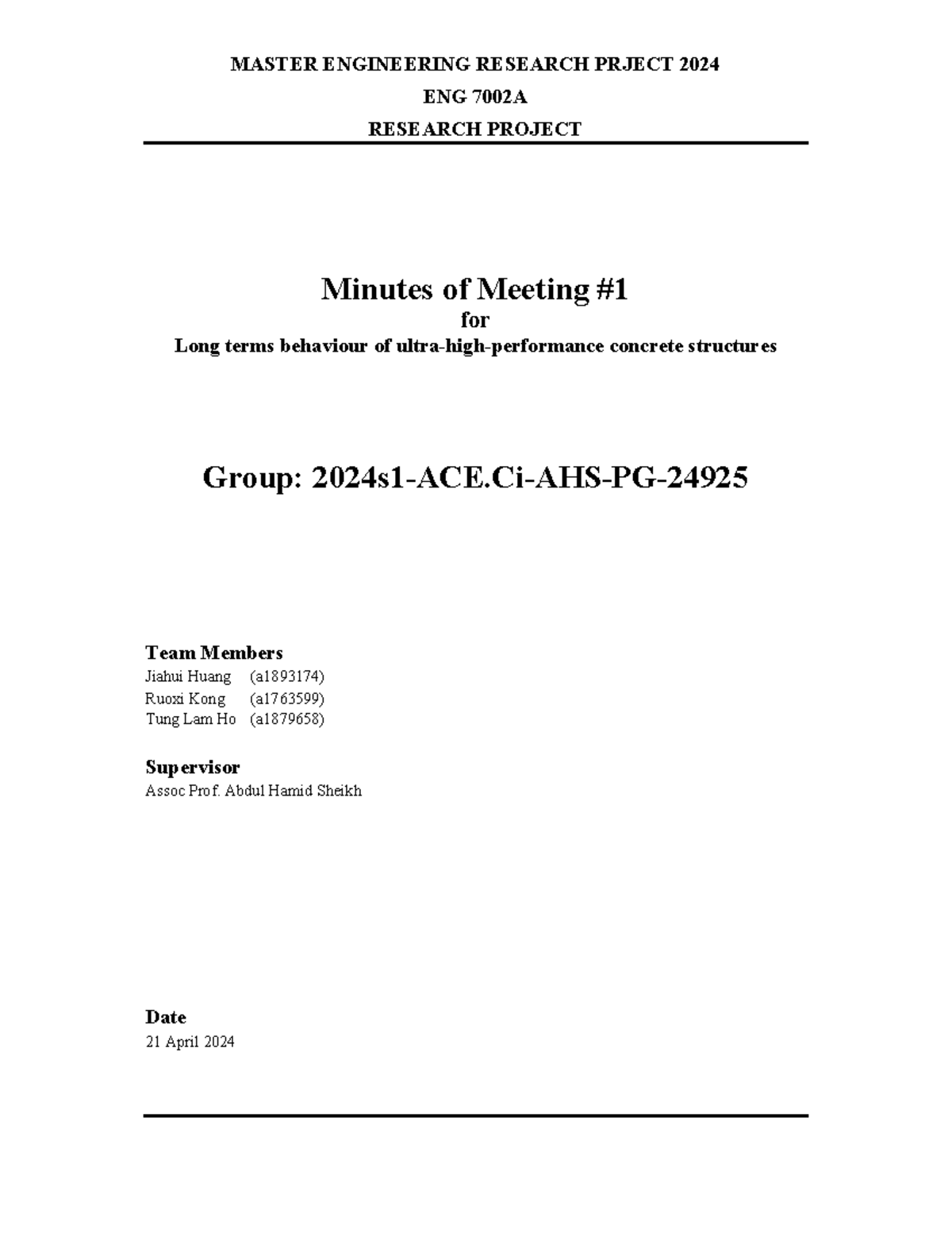 Meeting 1 - MASTER ENGINEERING RESEARCH PRJECT 2024 ENG 7002A RESEARCH ...