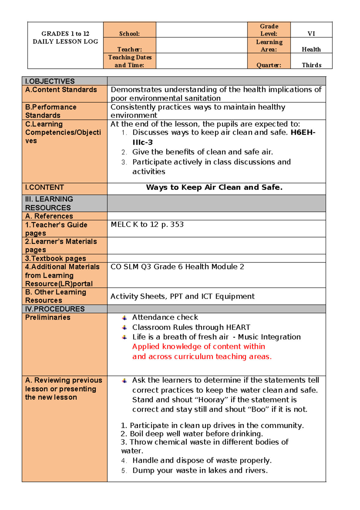 CO-Health 6 - Clean and Safe Air - GRADES 1 to 12 DAILY LESSON LOG ...