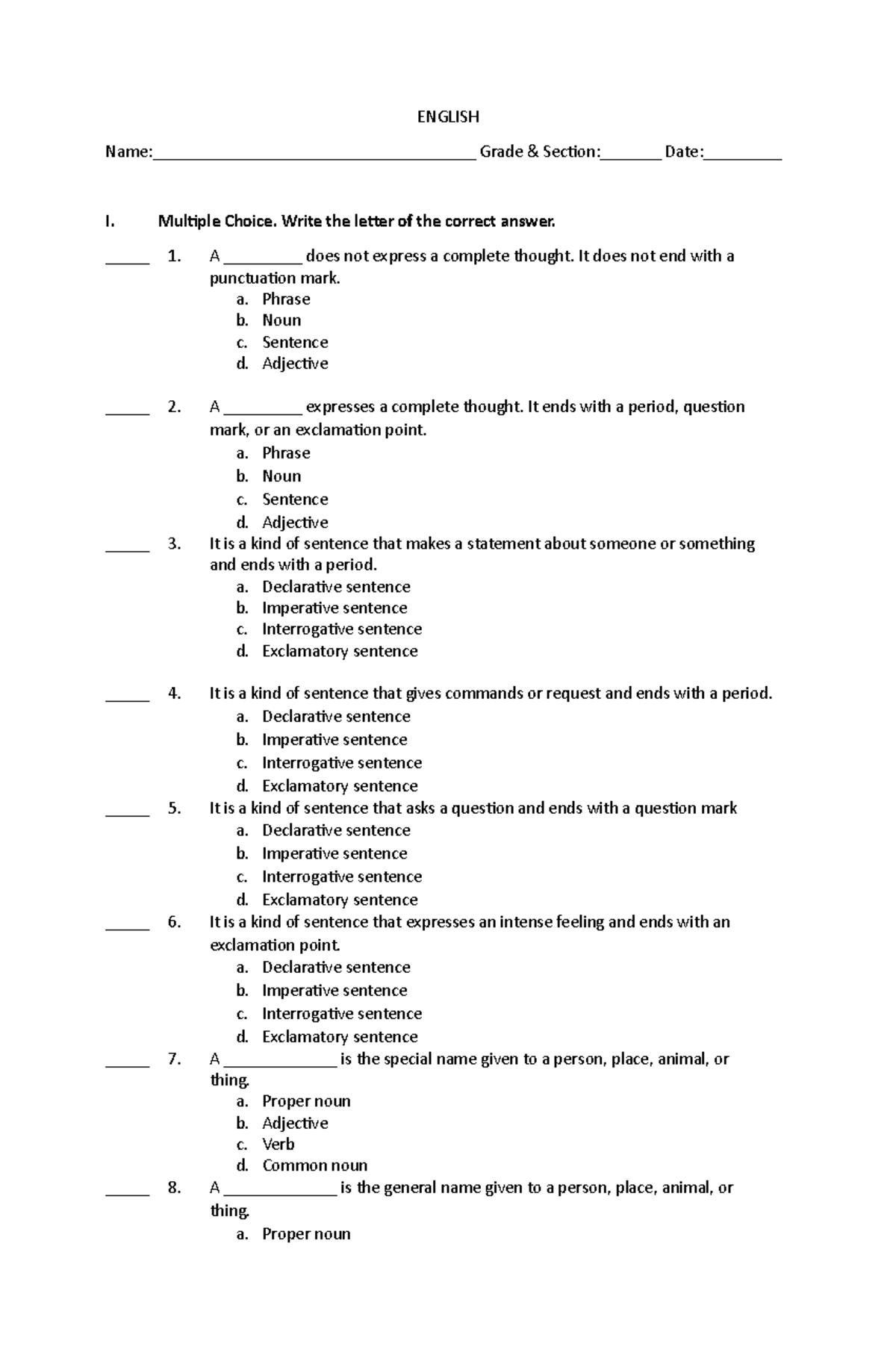 English Exam - ENGLISH Name:_____________________________________ Grade ...