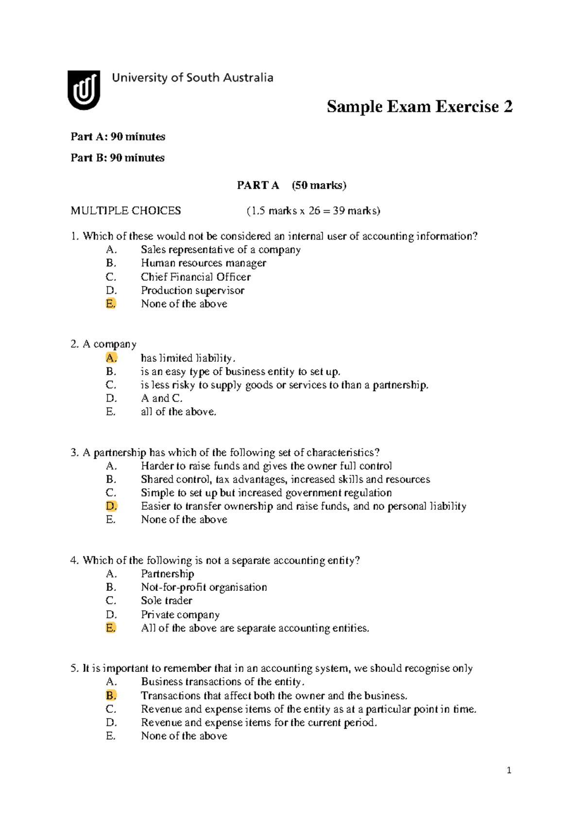 Sample Exam Set 2 - Sample Exam Exercise 2 Part A: 90 minutes Part B ...