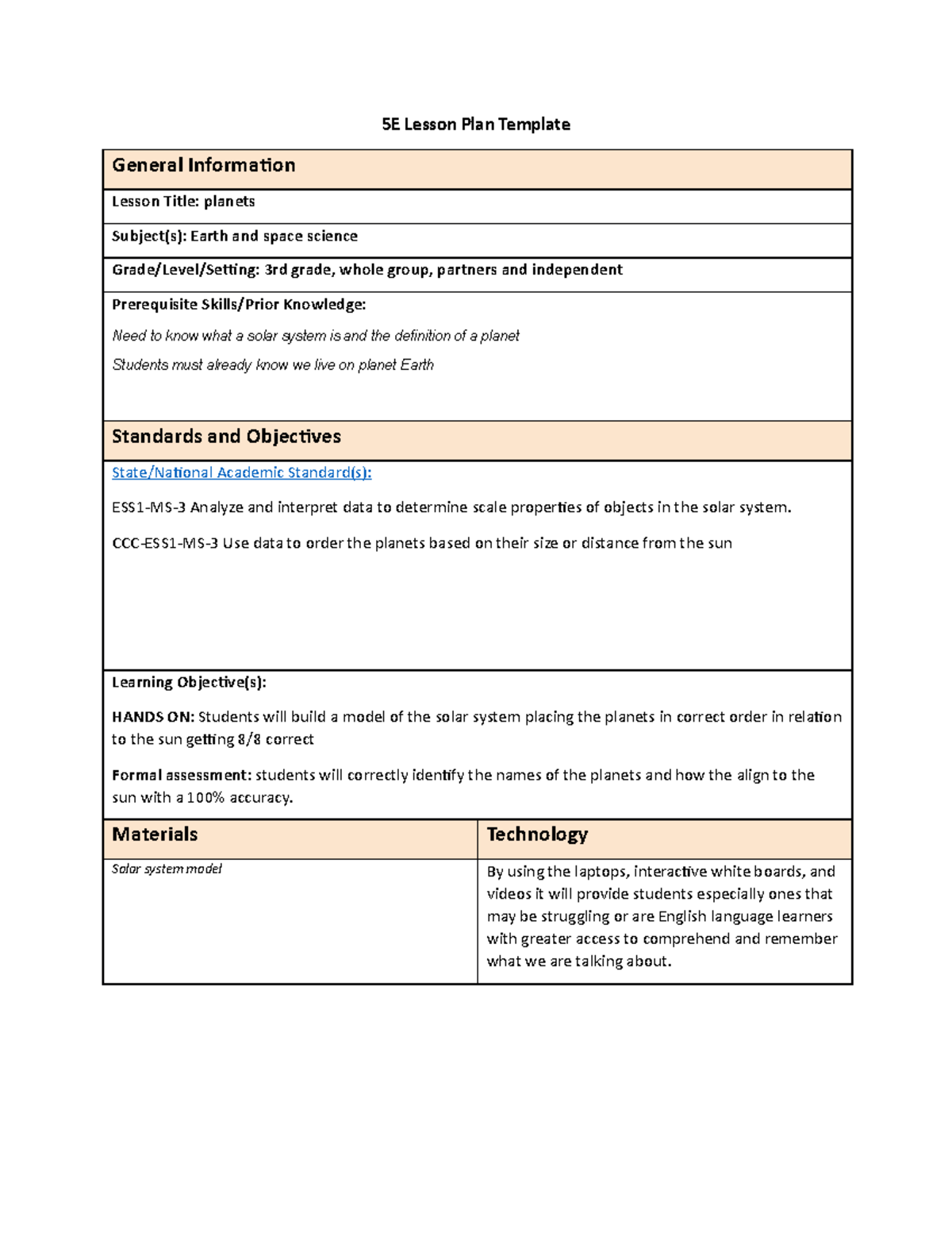 Science Lesson Plan 4th Grade 1 5E Lesson Plan Template General 