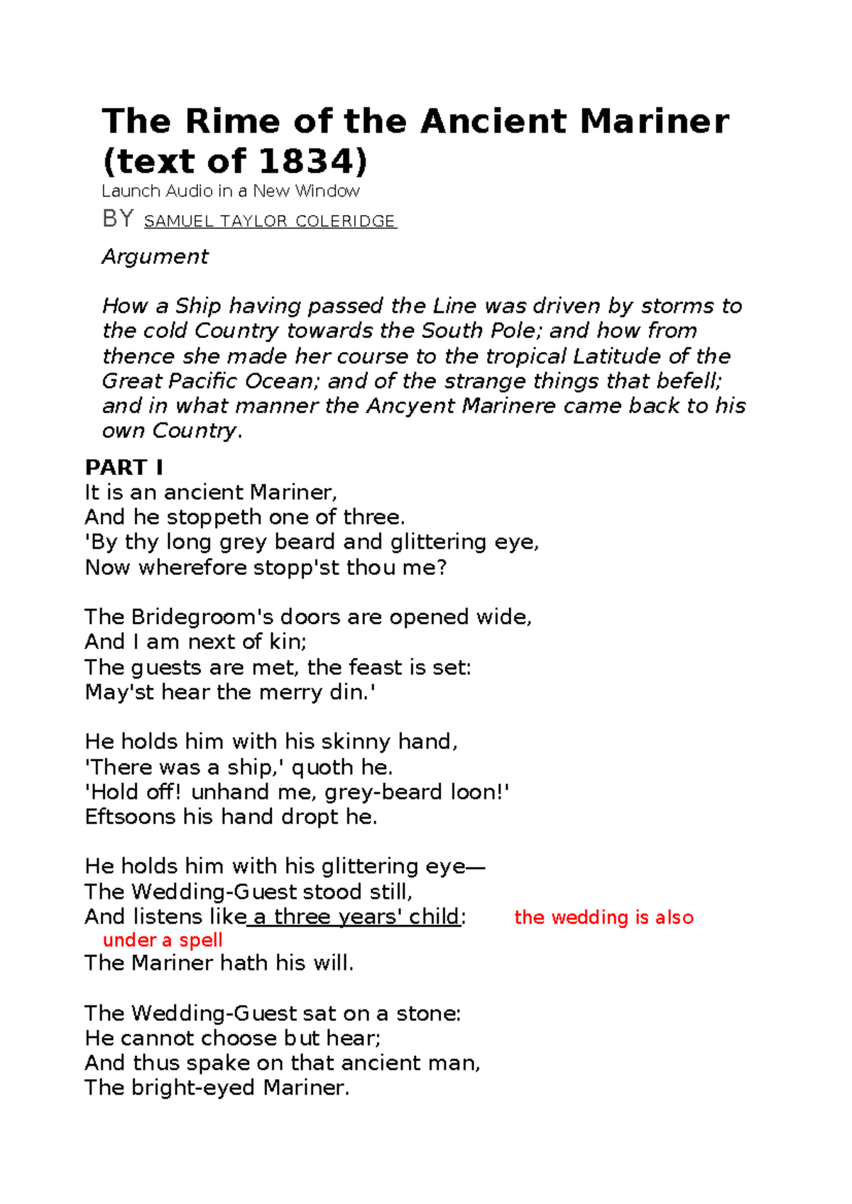 The Rime of the Ancient Mariner - PART I It is an ancient Mariner, And ...