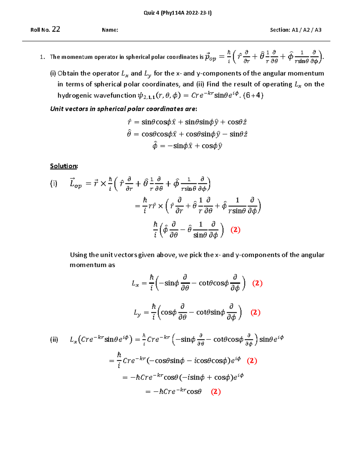 Quiz 4 - This will help in quantum mechanics. - Quiz 4 (Phy114A 2022‐23 ...