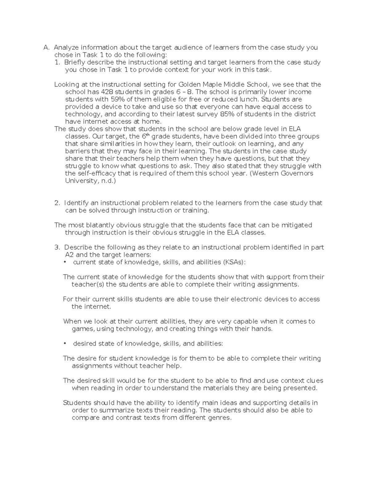 D291 Task 2 - This is task 2 for D291 - A. Analyze information about ...