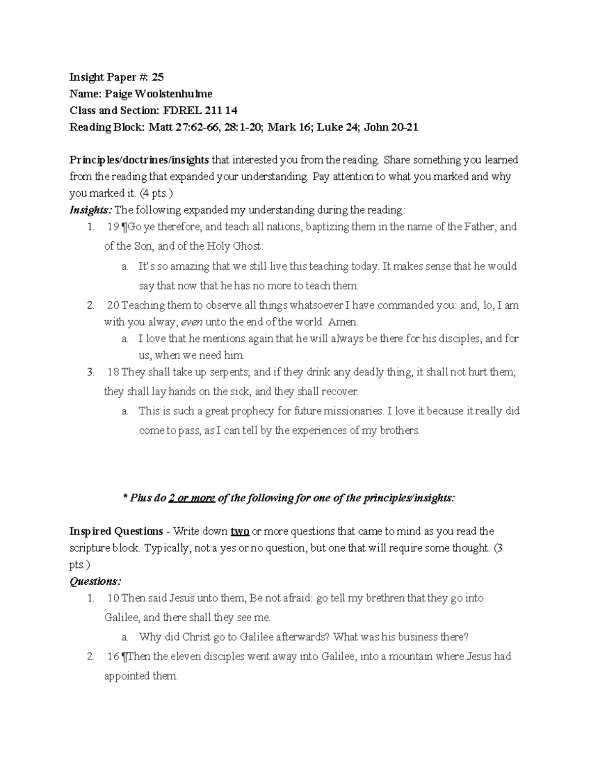 25 Insight Paper - For the class of Brother Parker. - Insight Paper ...