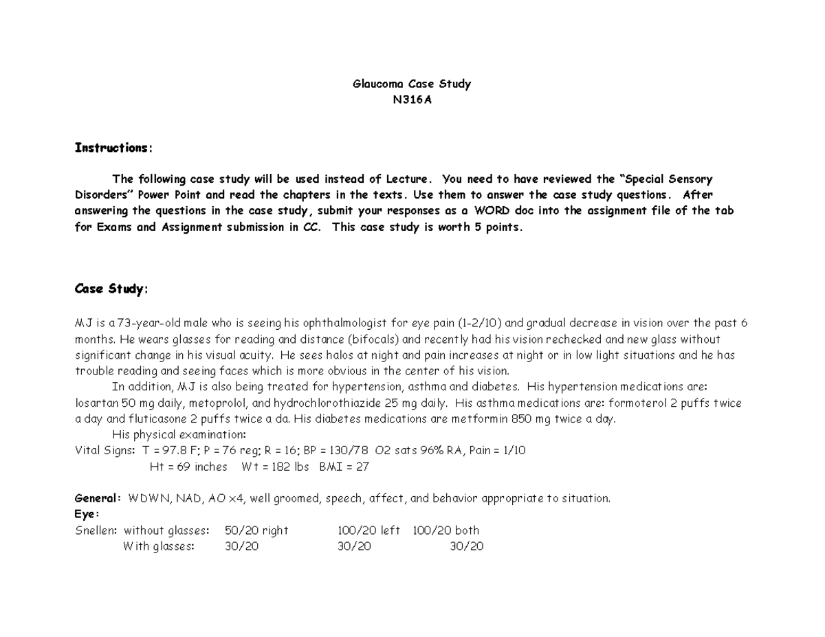 Sensory Case Study - Glaucoma Case Study N316A Instructions: The ...