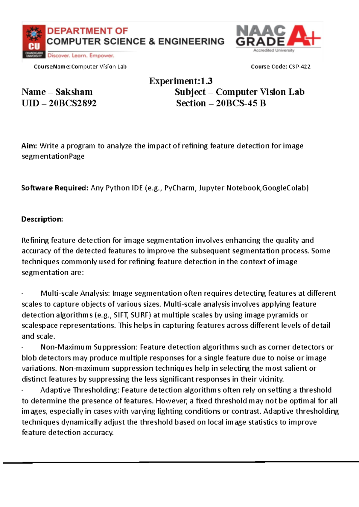 Experiment 3 - Experiment:1. Name – Saksham Subject – Computer Vision ...