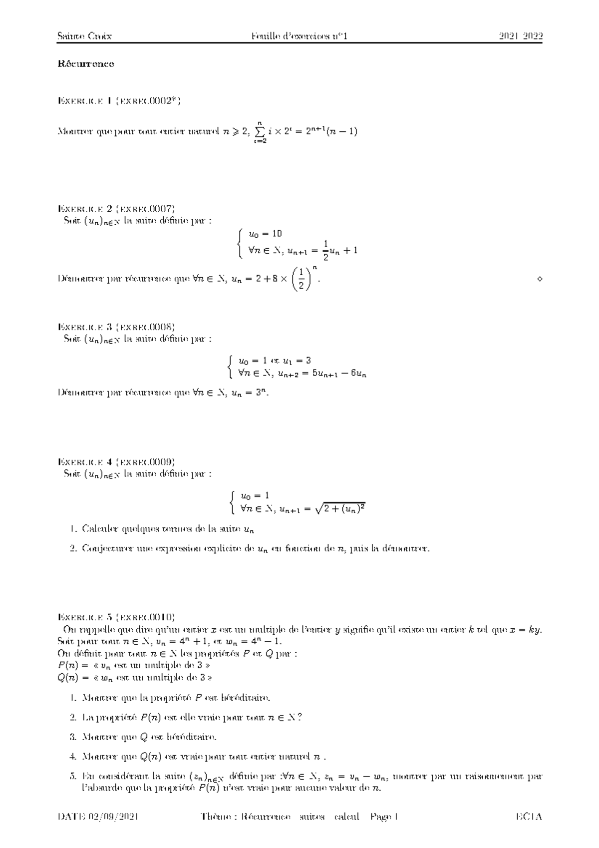 Feuille Exo 1 Reccurence - Récurrence Exercice 1 (exrec0002*) Montrer ...