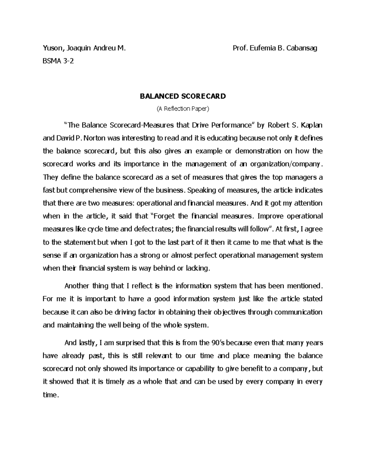 Assigment of BSMA - Yuson, Joaquin Andreu M. Prof. Eufemia B. Cabansag ...