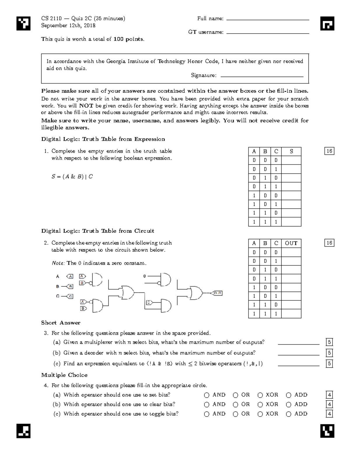 Quiz2Group C - CS 2110 — Quiz 2C (35 minutes) September 12th, 2018 This ...