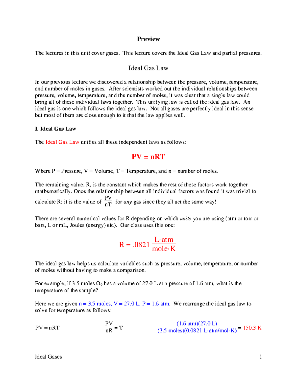 Gases Lecture 2 - Ideal Gas Law & Partial Pressures - Preview The ...