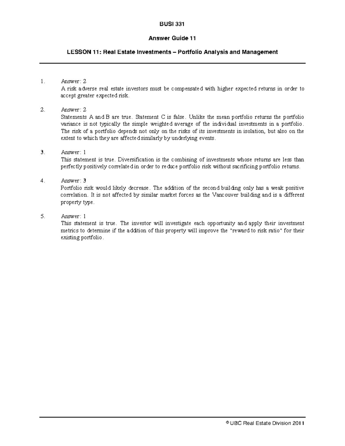 11keyassignview - assignment 11 answers - BUSI 331 Answer Guide 11 LESSON 11: Real Estate - Studocu