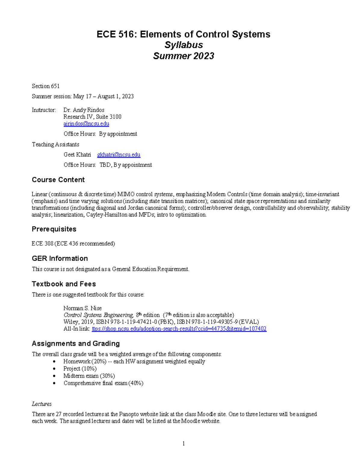 ECE 516 syllabus Summer 2023 - 1 ECE 516: Elements of Control Systems ...