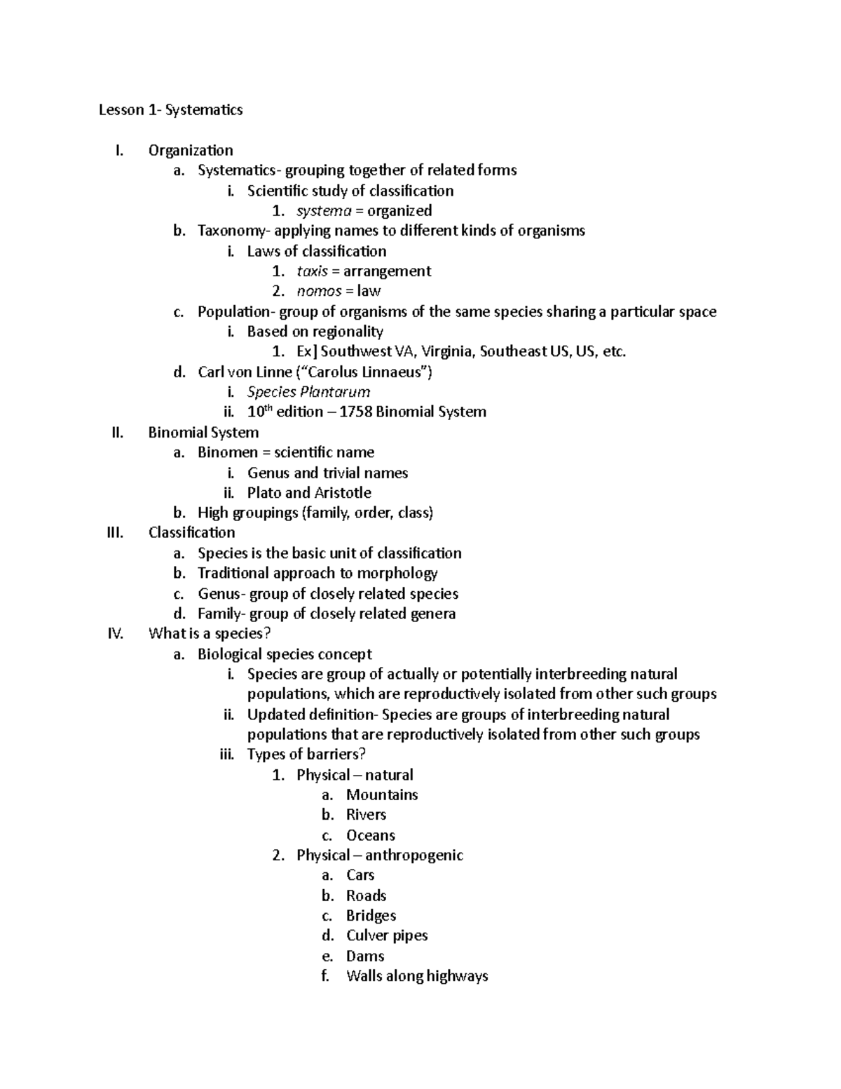 Lesson 1- Systematics - Organization a. Systematics- grouping together ...