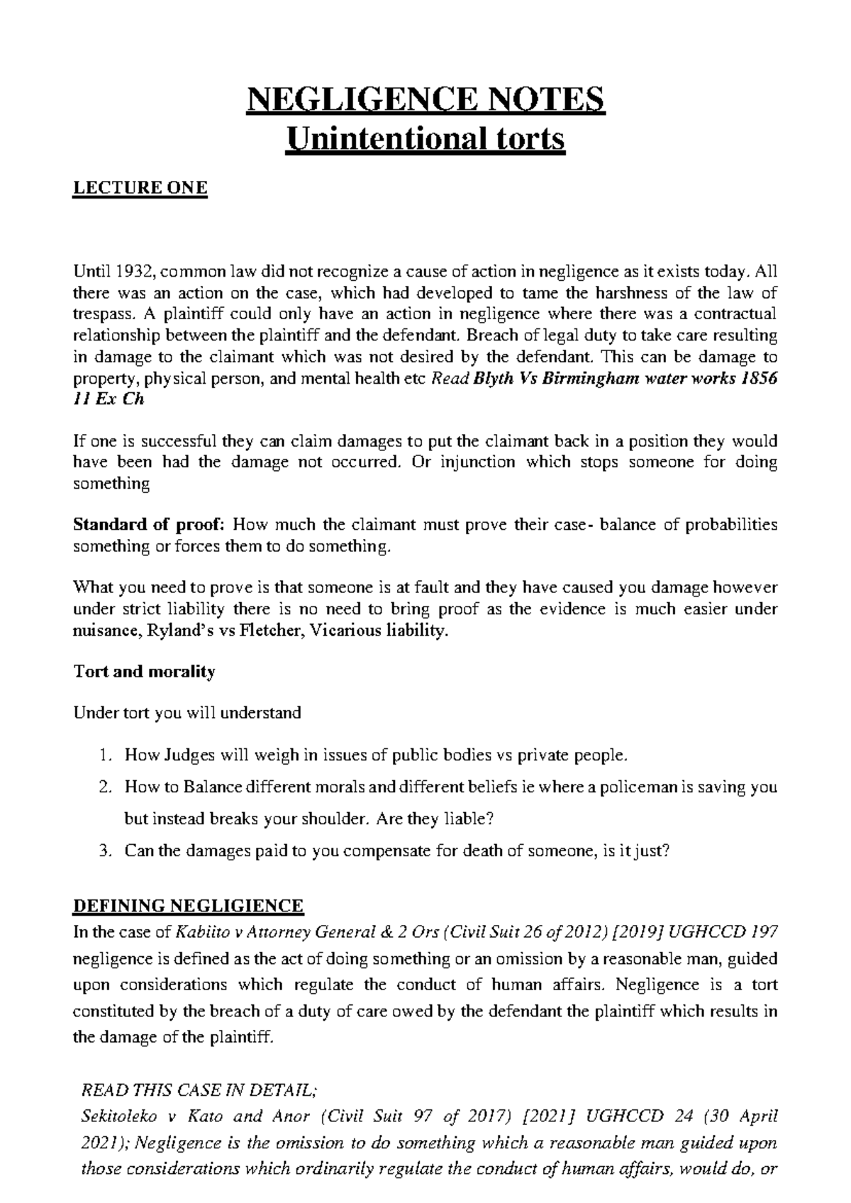 2023 Negligence Notes Stream C - NEGLIGENCE NOTES Unintentional torts ...