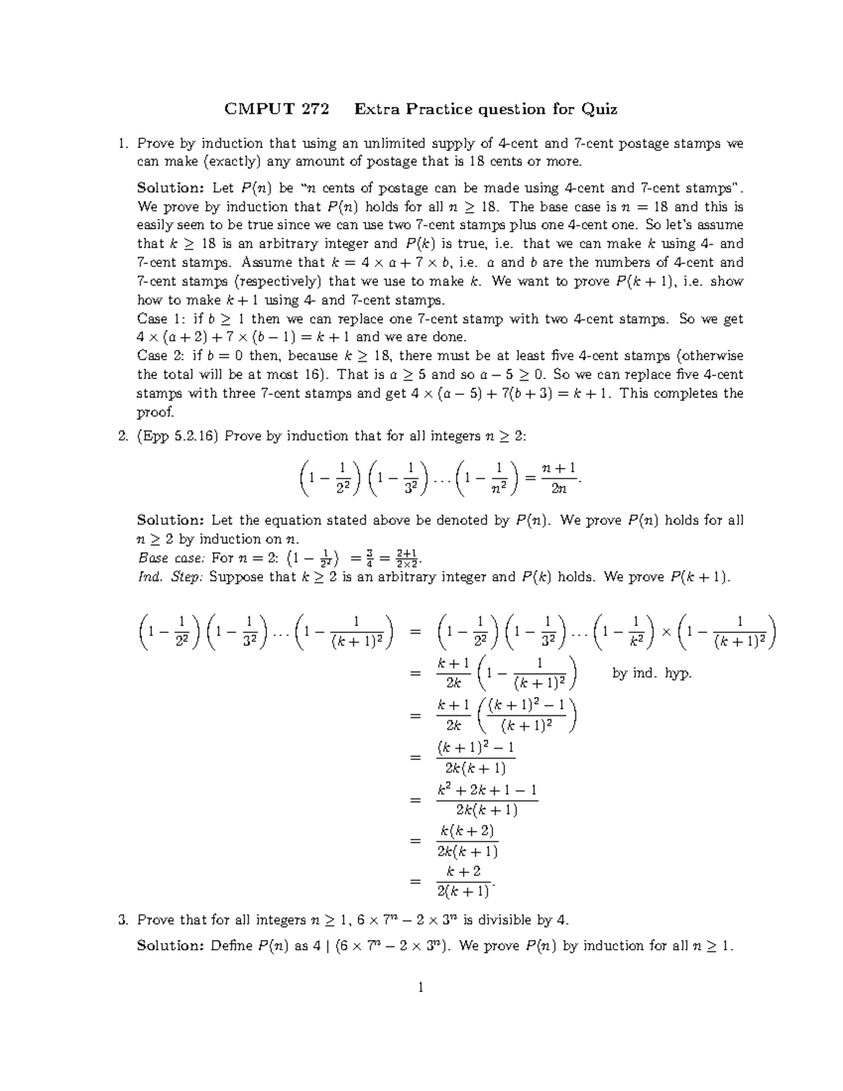 Week6-Extra-sol - Practice - CMPUT 272 Extra Practice question for Quiz Prove by induction that ...