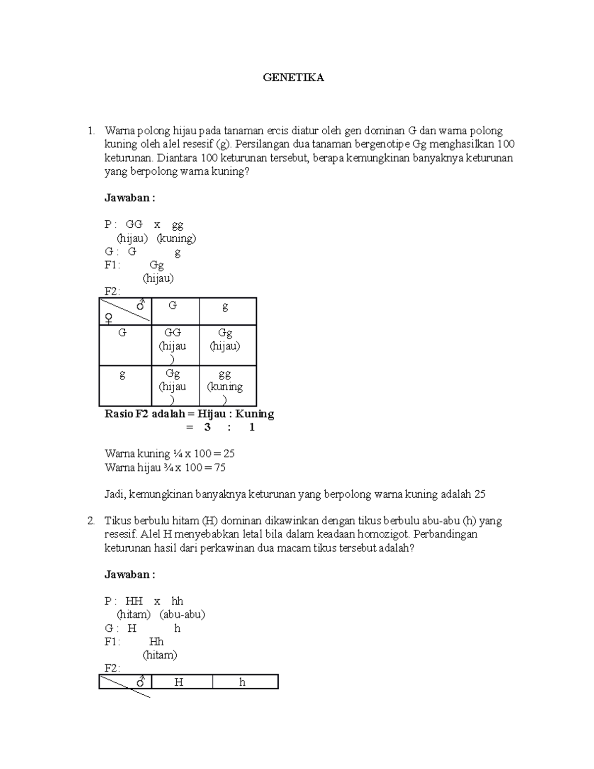 Contoh SOAL-SOAL Genetika - GENETIKA Warna polong hijau pada tanaman ...