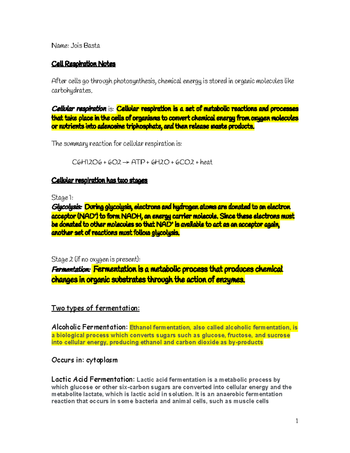 Cellular Respiration Notes - Name: Jois Basta Cell Respiration Notes ...