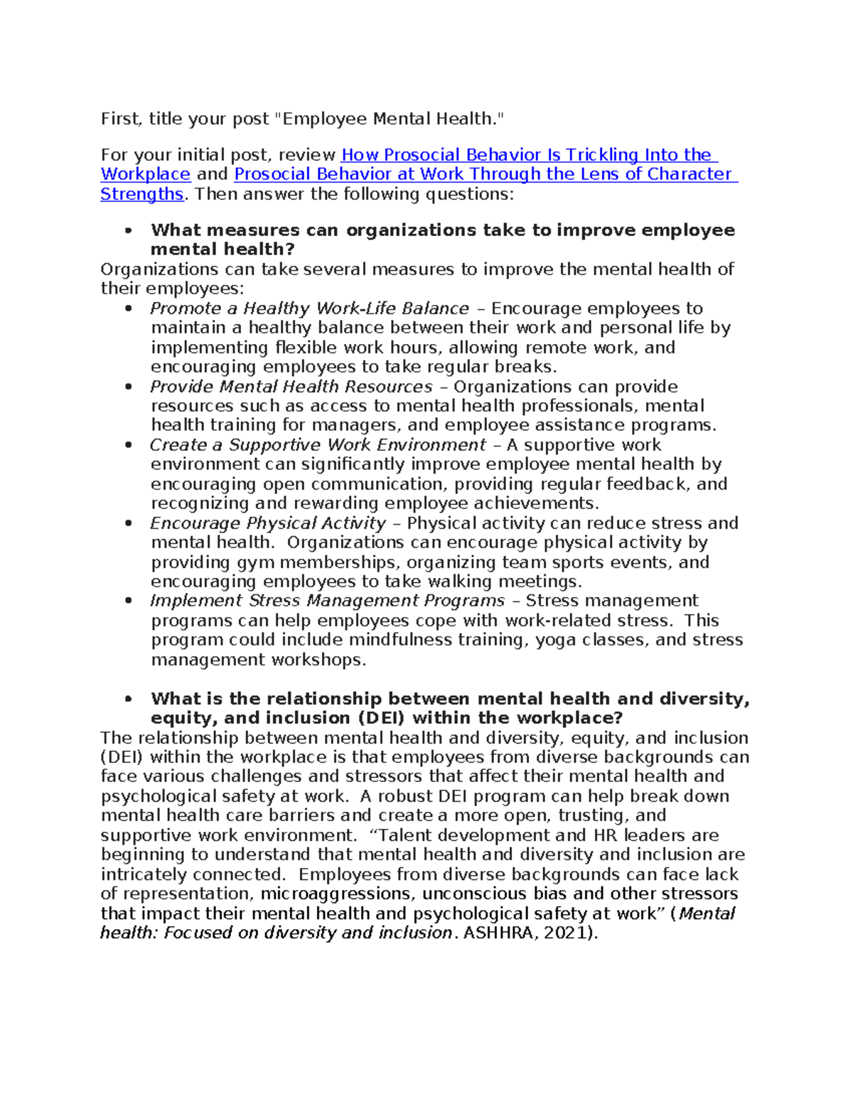 Discussion 8-1 Employee Mental Health - First, title your post ...