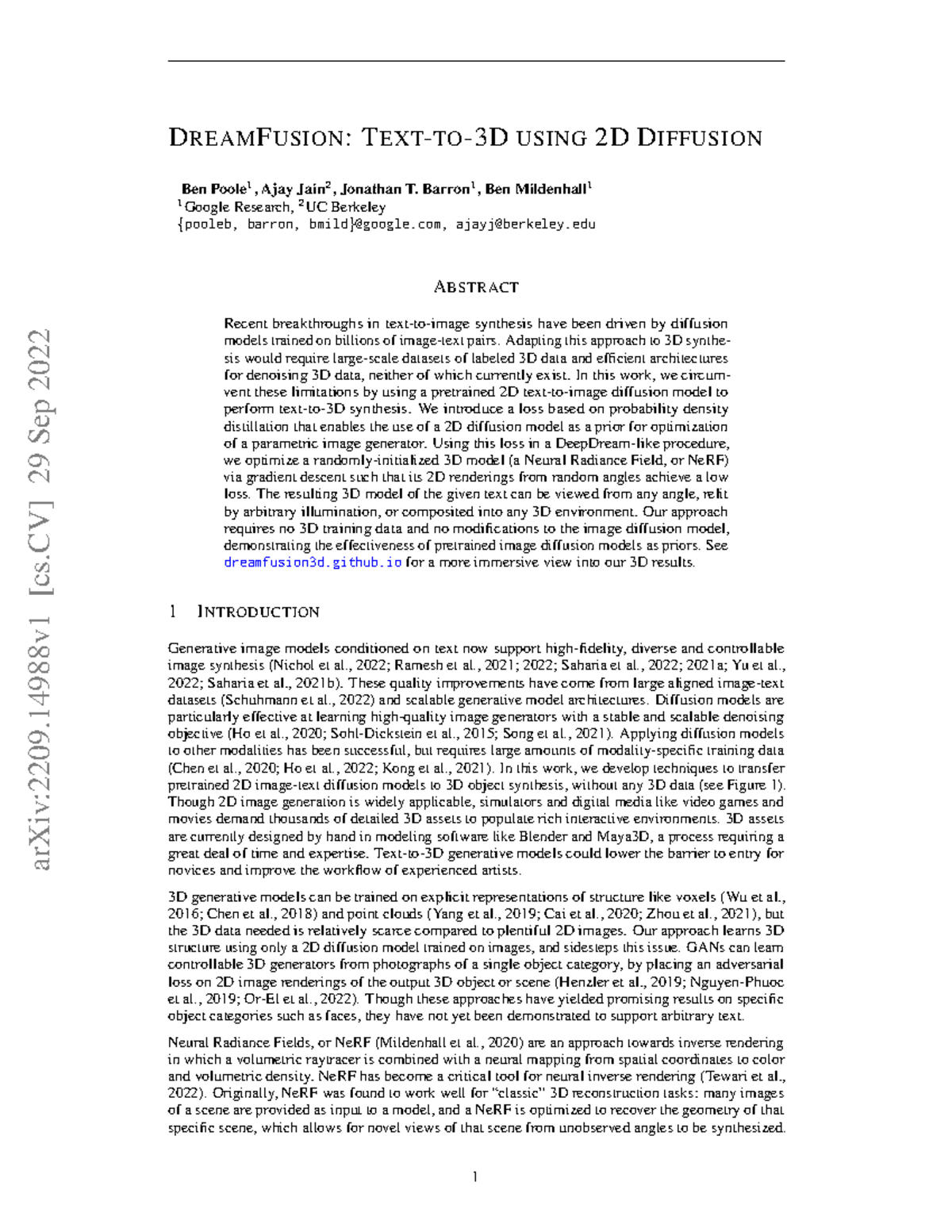 2209 - nah - DREAMFUSION: TEXT-TO-3D USING 2D DIFFUSION Ben Poole 1 ...