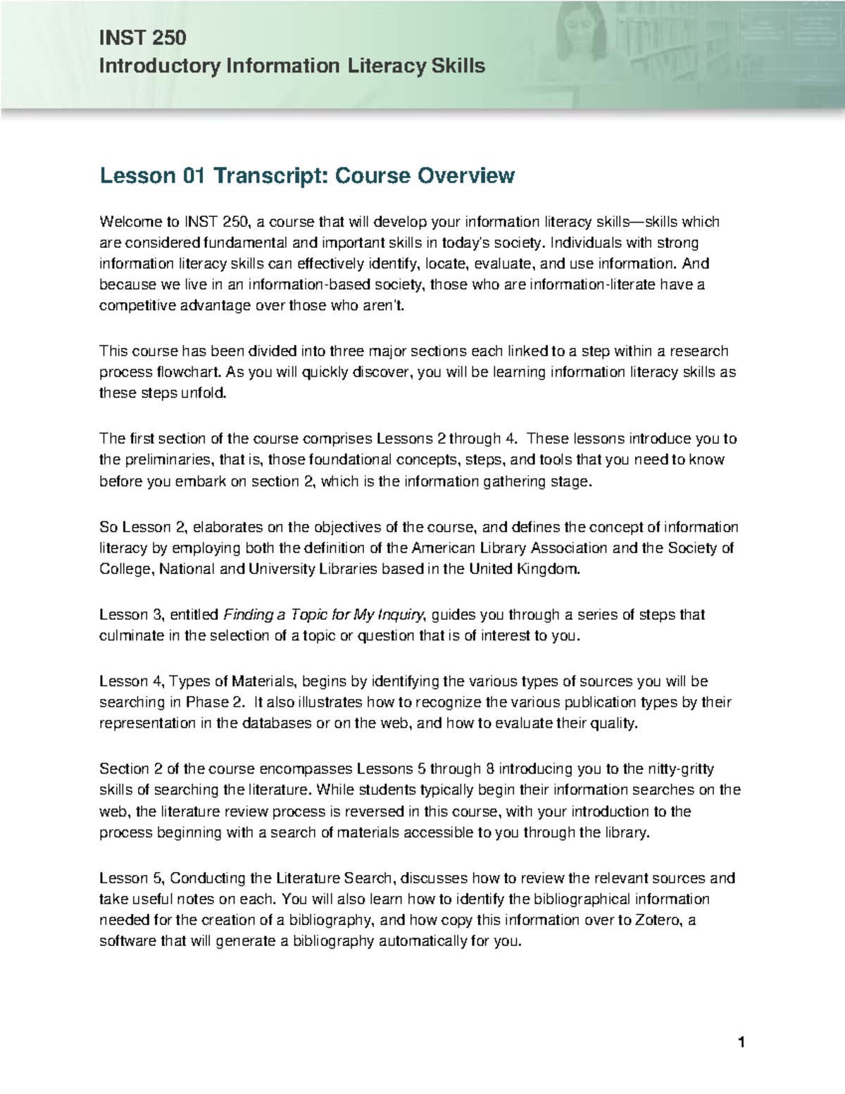 01 [transcript] - overview - INST 250 Introductory Information Literacy ...
