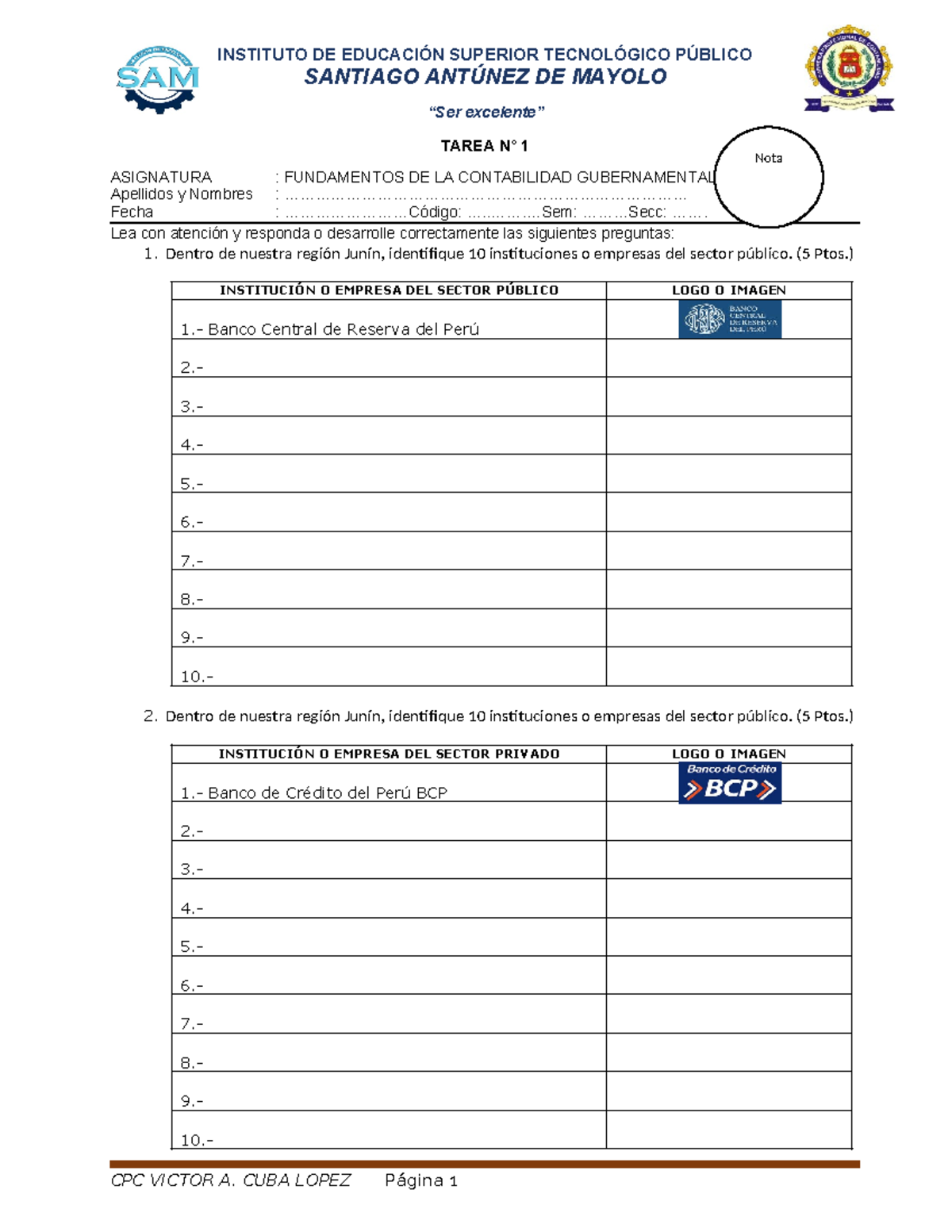 Tarea 1 - Fund Cont Gub - practicar - INSTITUTO DE EDUCACIÓN SUPERIOR TECNOLÓGICO PÚBLICO ...