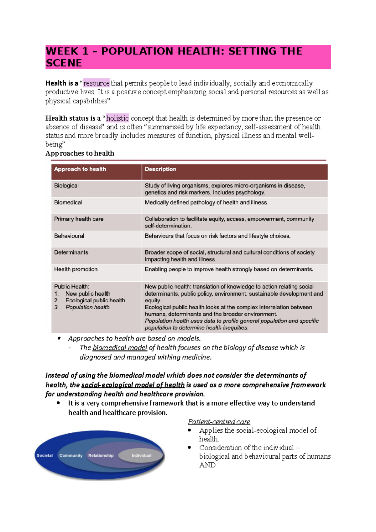 Wk 1 pop health - Lecture notes - WEEK 1 – POPULATION HEALTH: SETTING ...